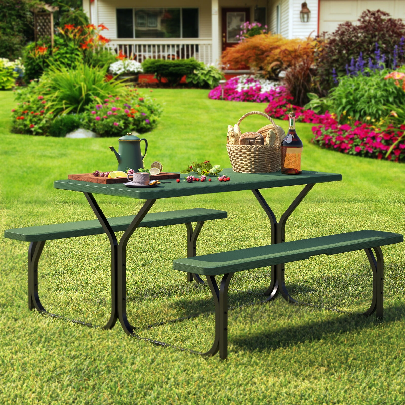 DEXS 4 - Seat Outdoor Resin Picnic Table Chair Set, 4.5FT Camping Bench ...