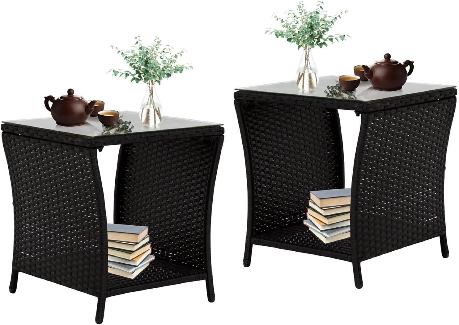 DEXS Set of 2 Black Rattan Wicker Side Tables, Outdoor Furniture Ideal ...