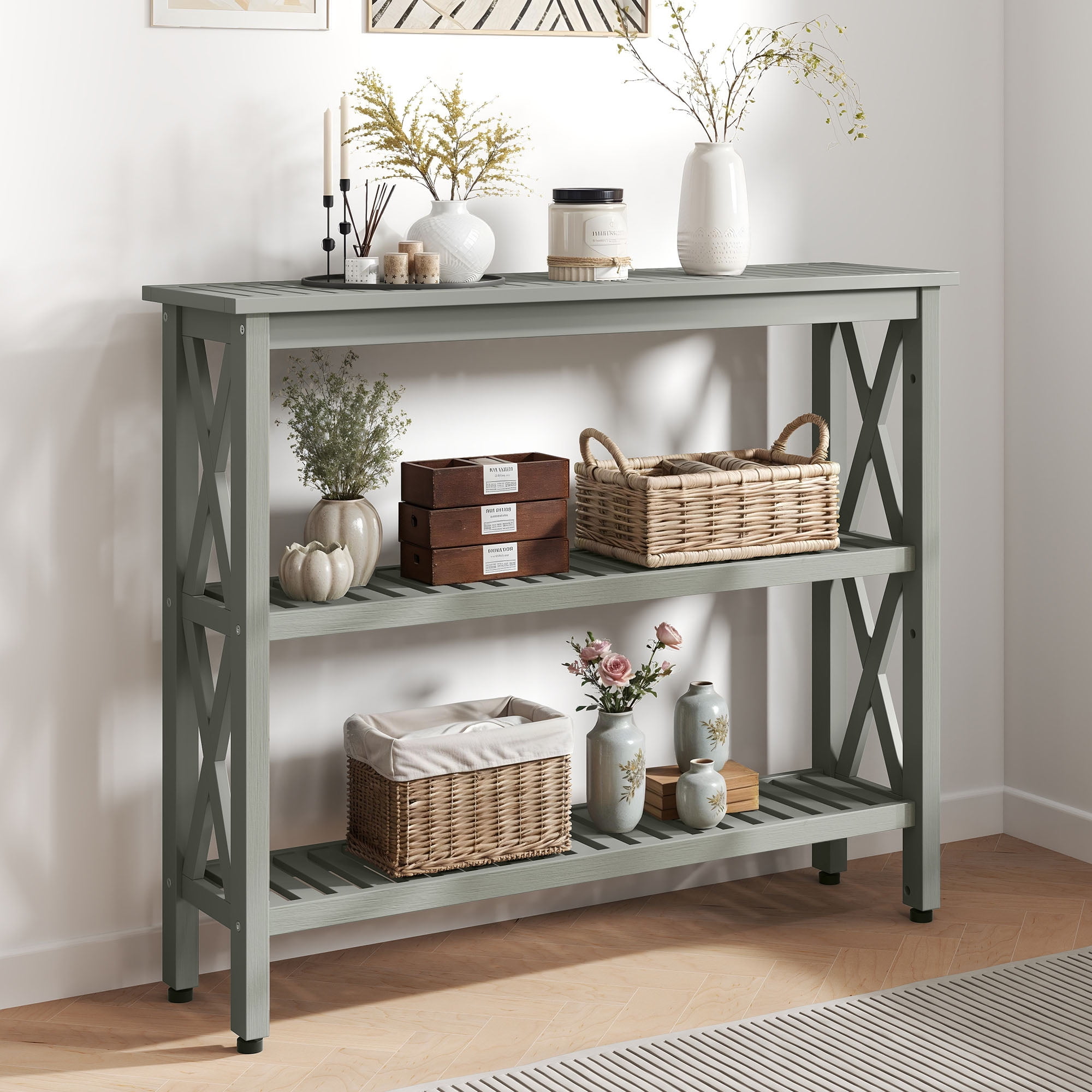 DEXTRUS 3-Tier Outdoor Wood Console Table, Weatherproof Patio Side ...