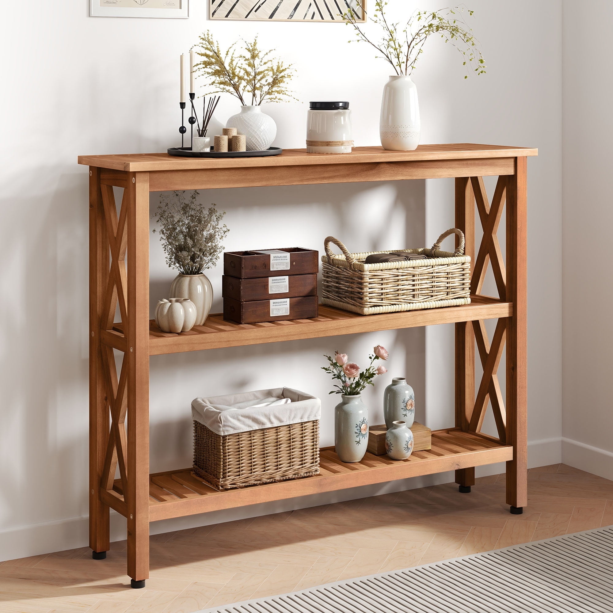 DEXTRUS 3-Tier Outdoor Wood Console Table, Weatherproof Patio Side ...