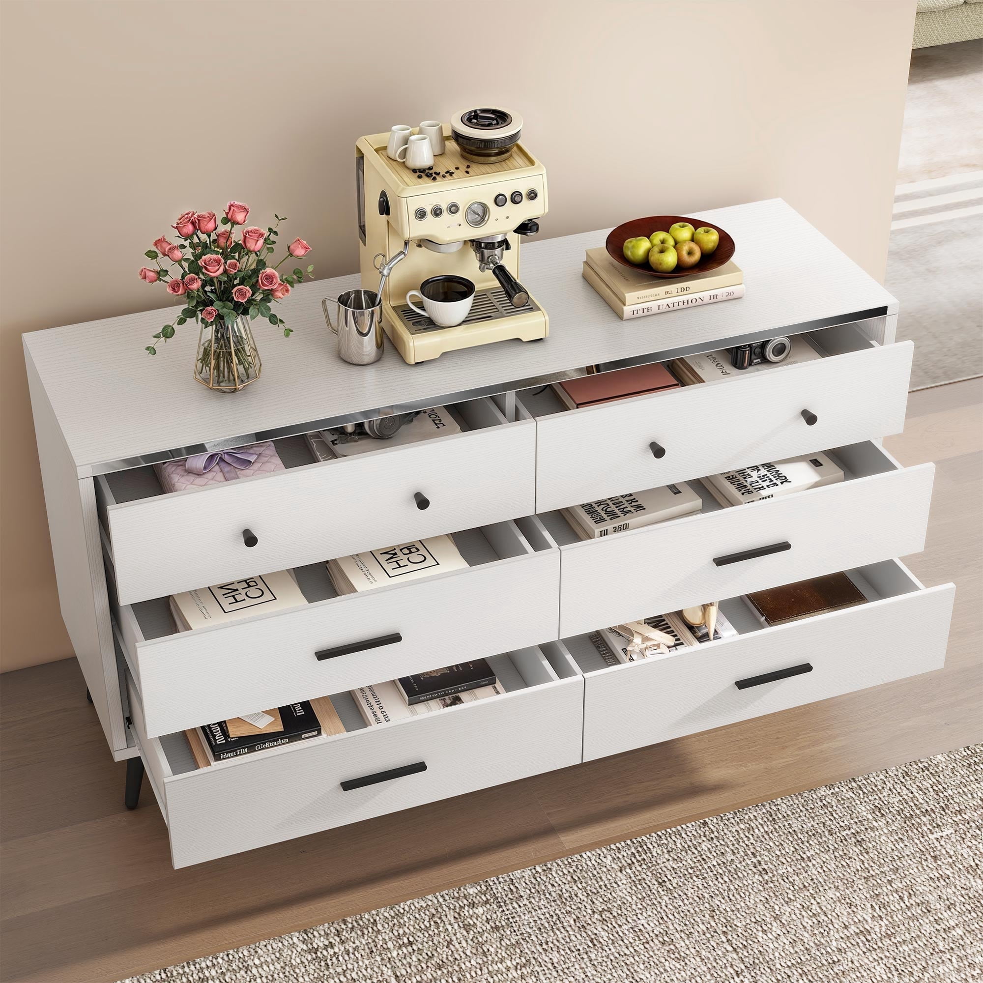 DEXTRUS 6-Drawer White Double Dresser for Bedroom, Wood Chest of ...