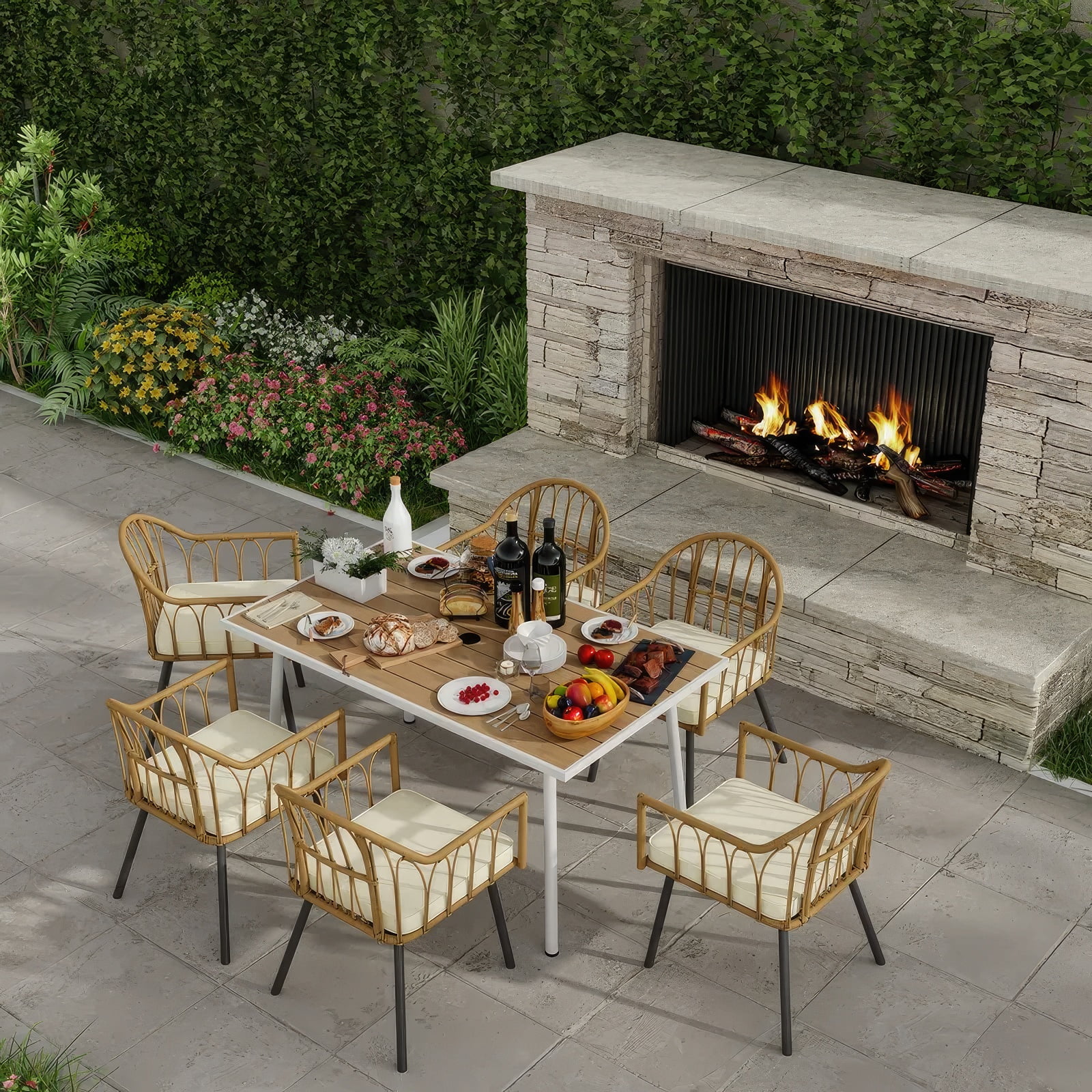 DEXTRUS 7 Pieces Outdoor Patio Dining Table Set, Rattan Wicker Patio ...