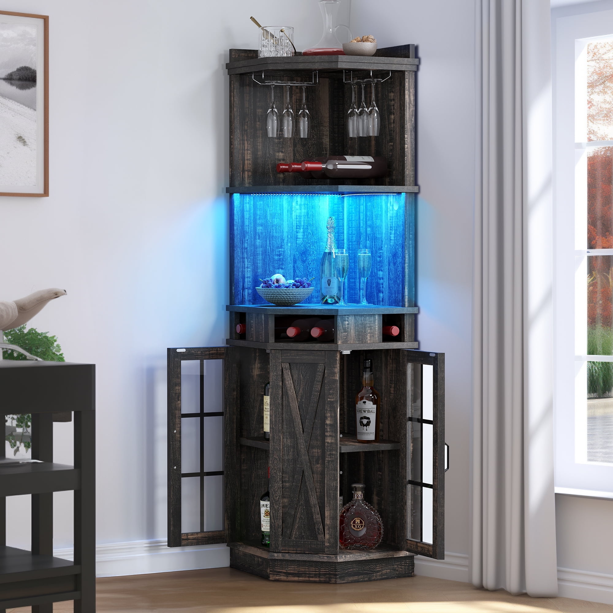 "Dextrus 72"" Black Oak Corner Bar Unit with RGB LED Lights & Shelves ...