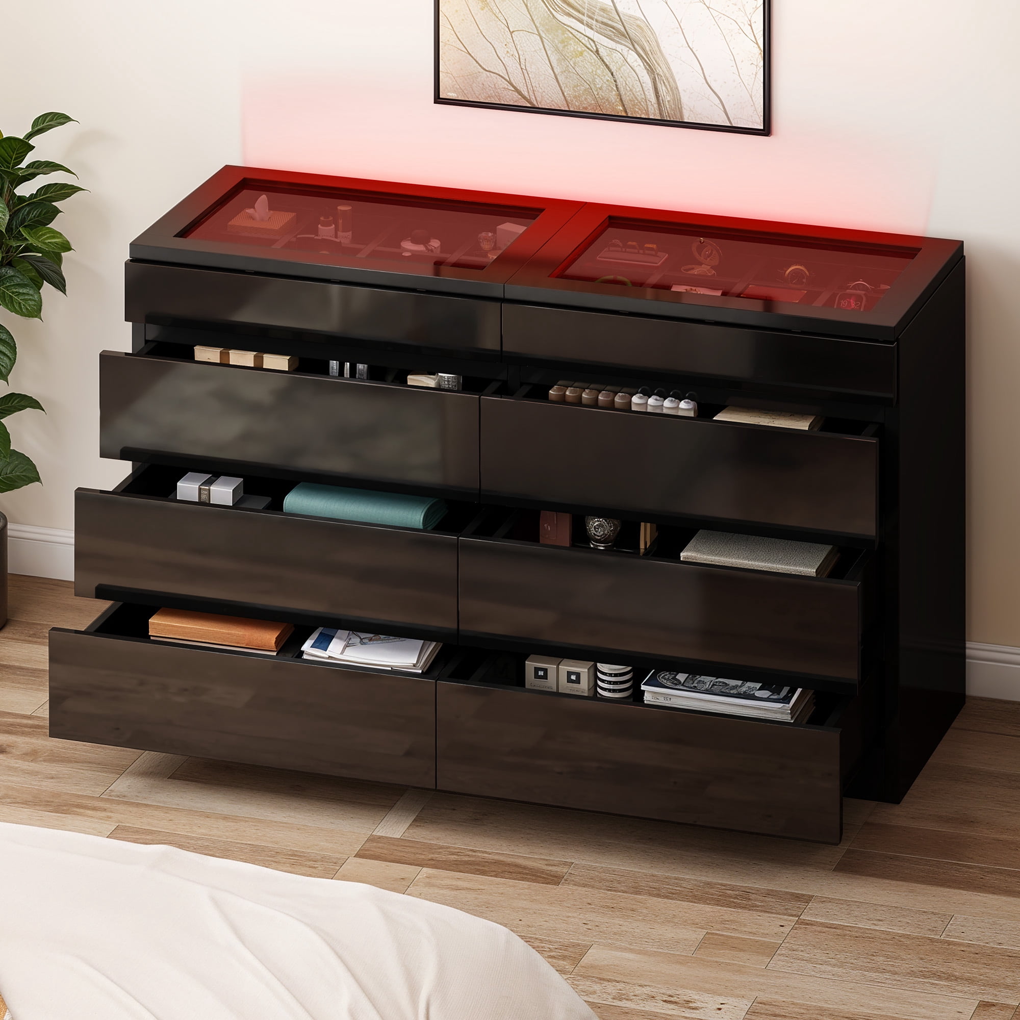 DEXTRUS 8 Drawers Double Dresser with LED Lights, MDF Chest of Drawers ...