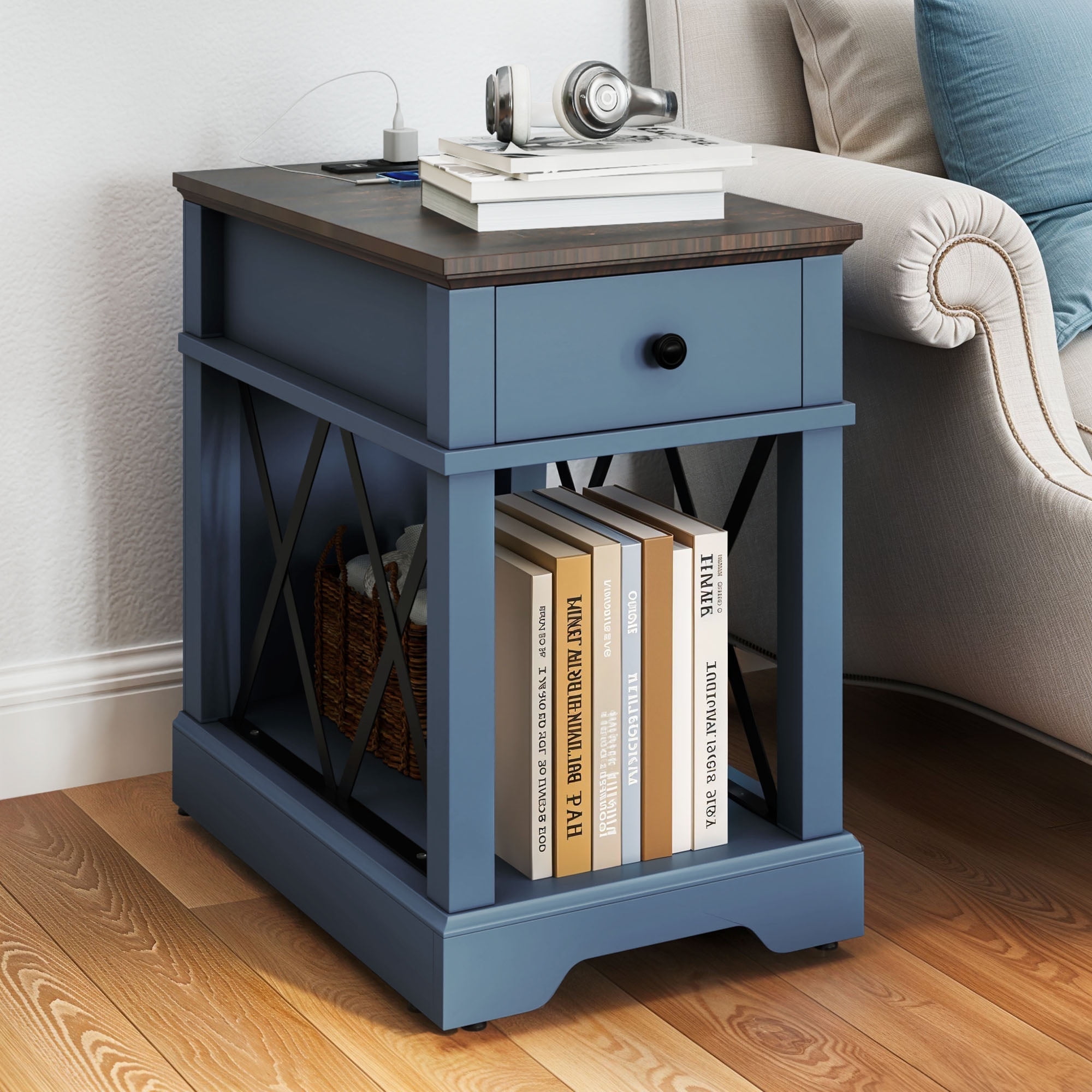 DEXTRUS End Table with Power Outlets & Drawer, Farmhouse Side Table ...