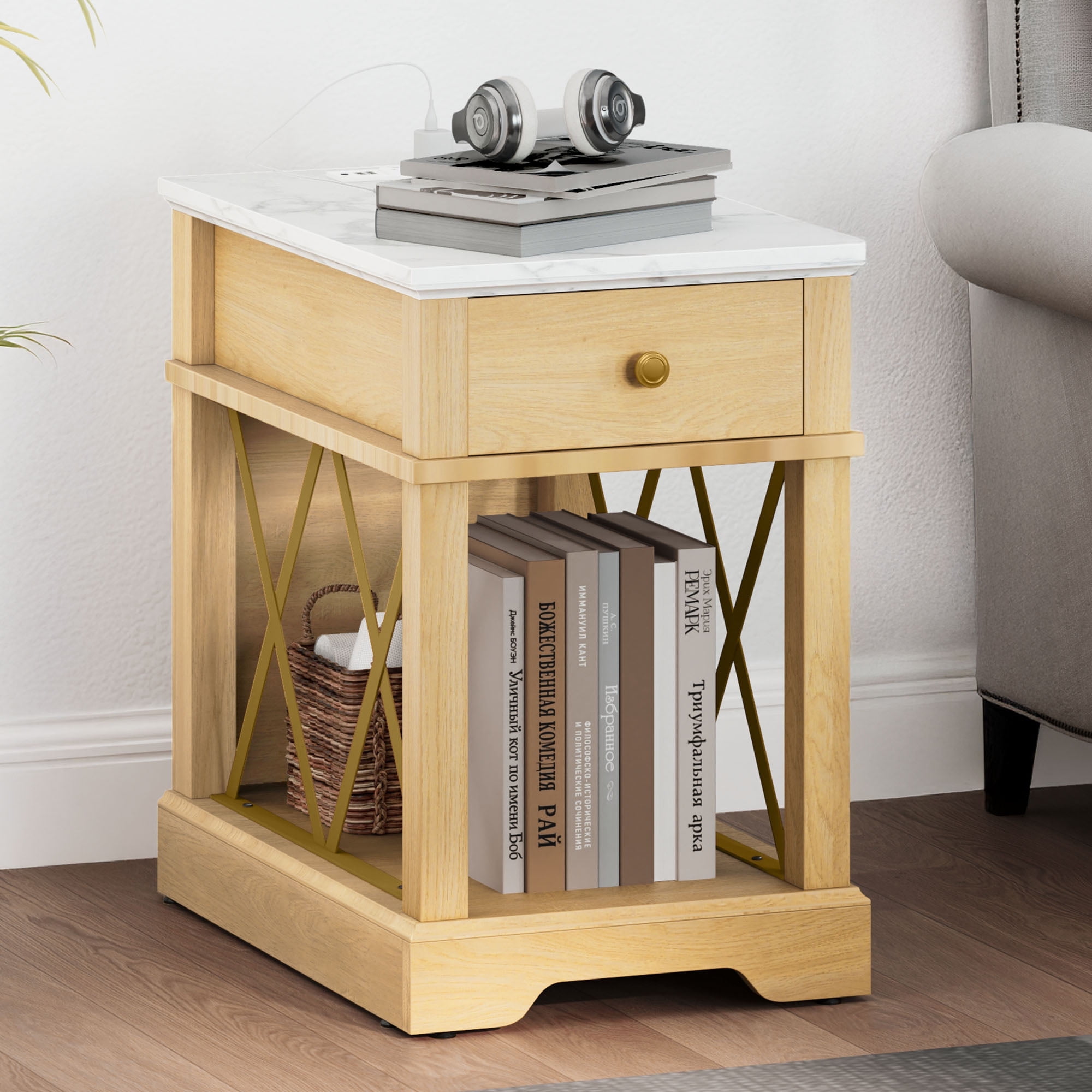 DEXTRUS End Table with Power Outlets & Drawer, Farmhouse Side Table ...