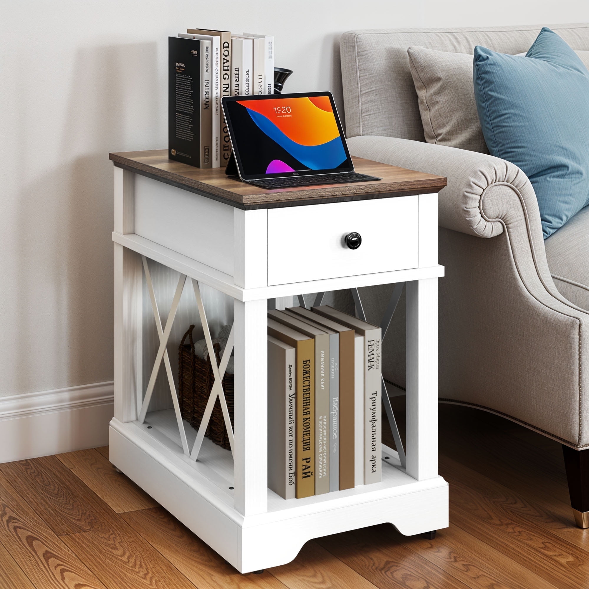 DEXTRUS End Table with Power Outlets & Drawer, Farmhouse Side Table Nightstand, White - Walmart.com
