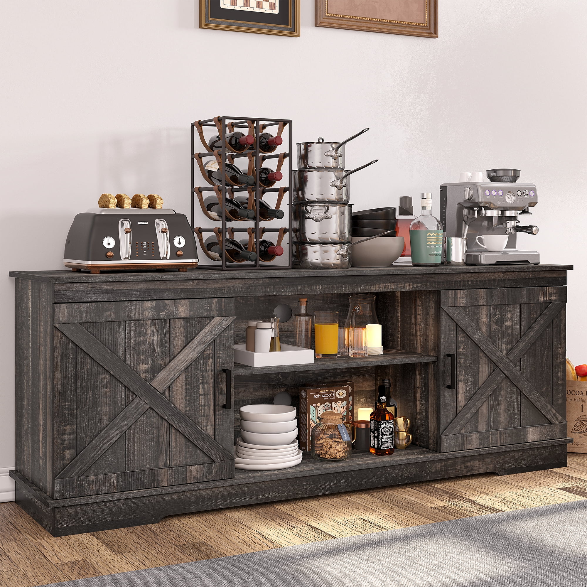 DEXTRUS Farmhouse Storage Buffet Cabinet, 59.5" Coffee Bar Sideboard ...