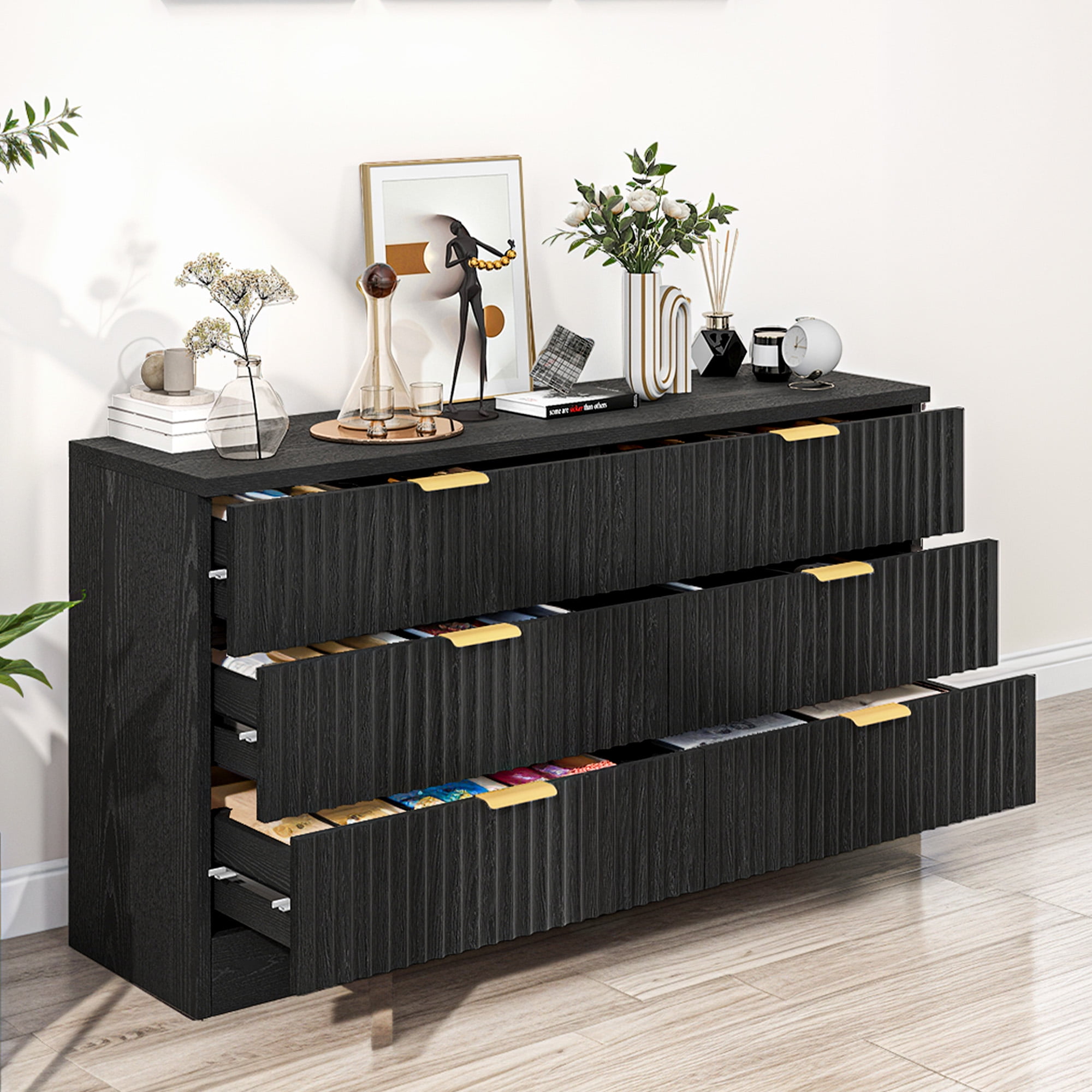 DEXTRUS Fluted Dresser with 6 Drawers, MDF Chest of Drawers with Anti ...