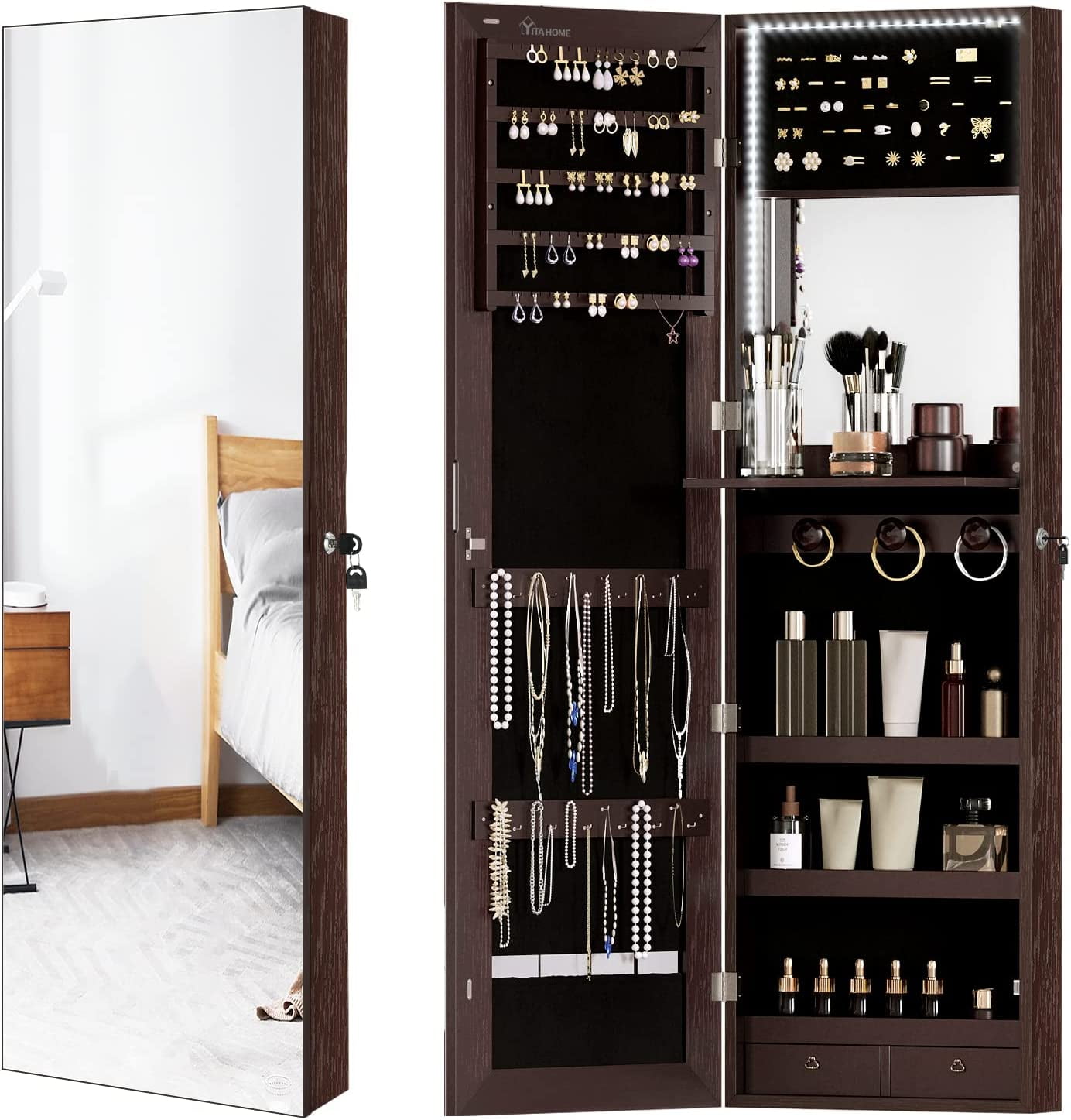 DEXTRUS Jewelr Cabinet with Full-Length Mirror, Wall Mounted LED ...