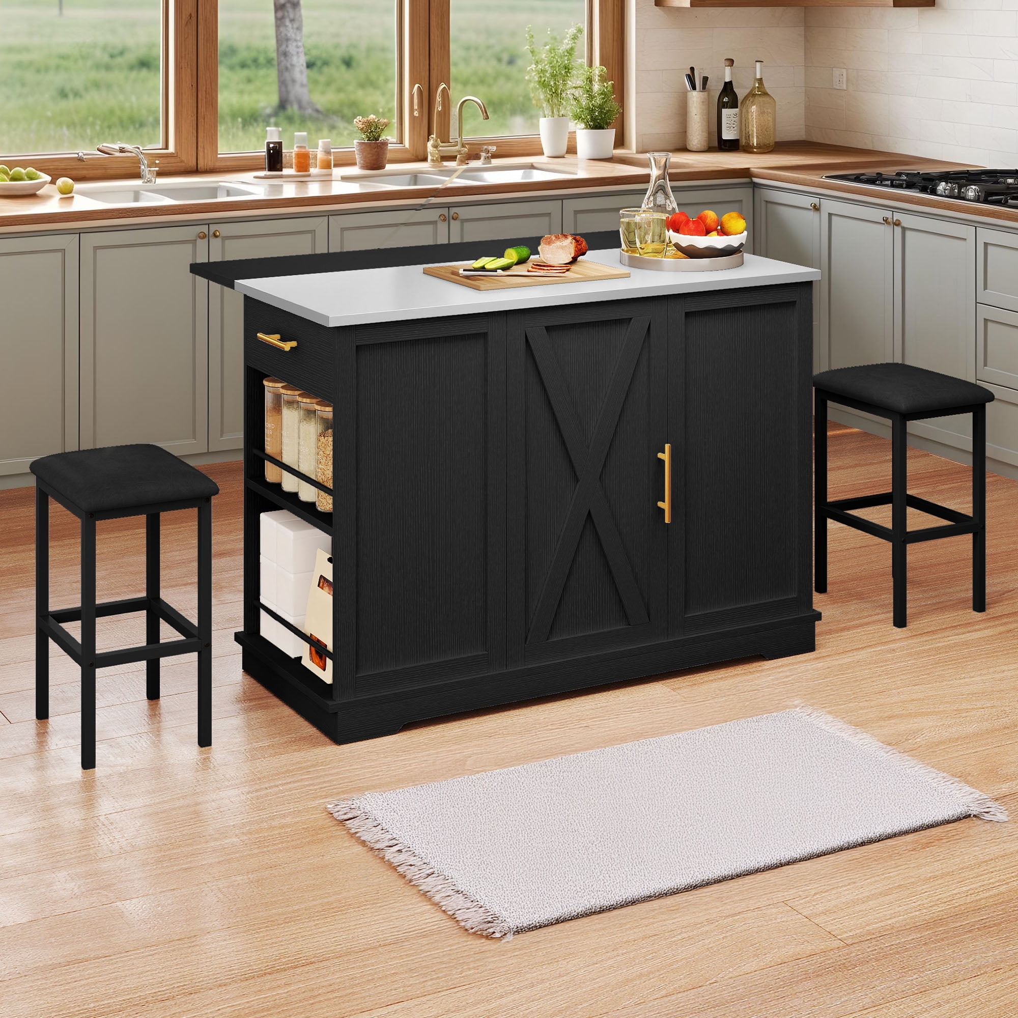 DEXTRUS Kitchen Island Table with Stools & Trash Storage, Kitchen ...