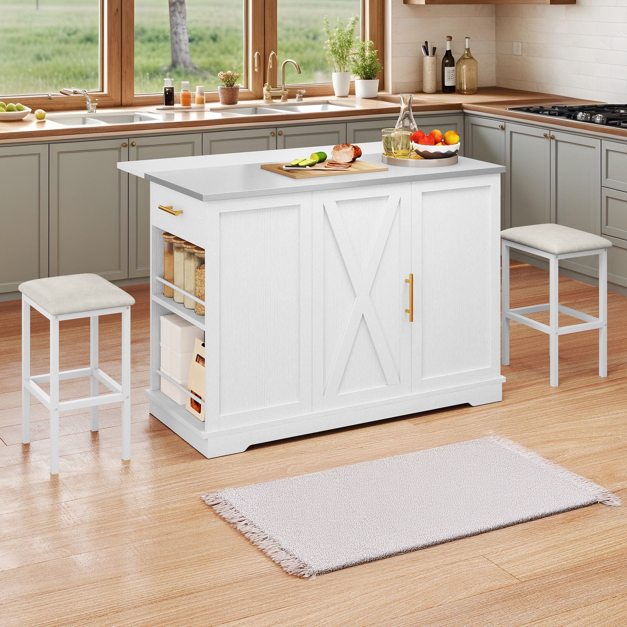 DEXTRUS Kitchen Island Table with Stools & Trash Storage, Kitchen ...