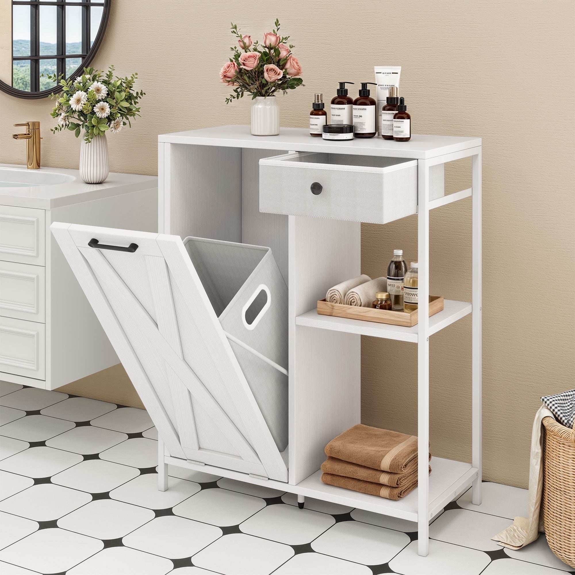 DEXTRUS Laundry Hamper Bathroom Cabinet with Basket & Drawer, Tilt Out ...