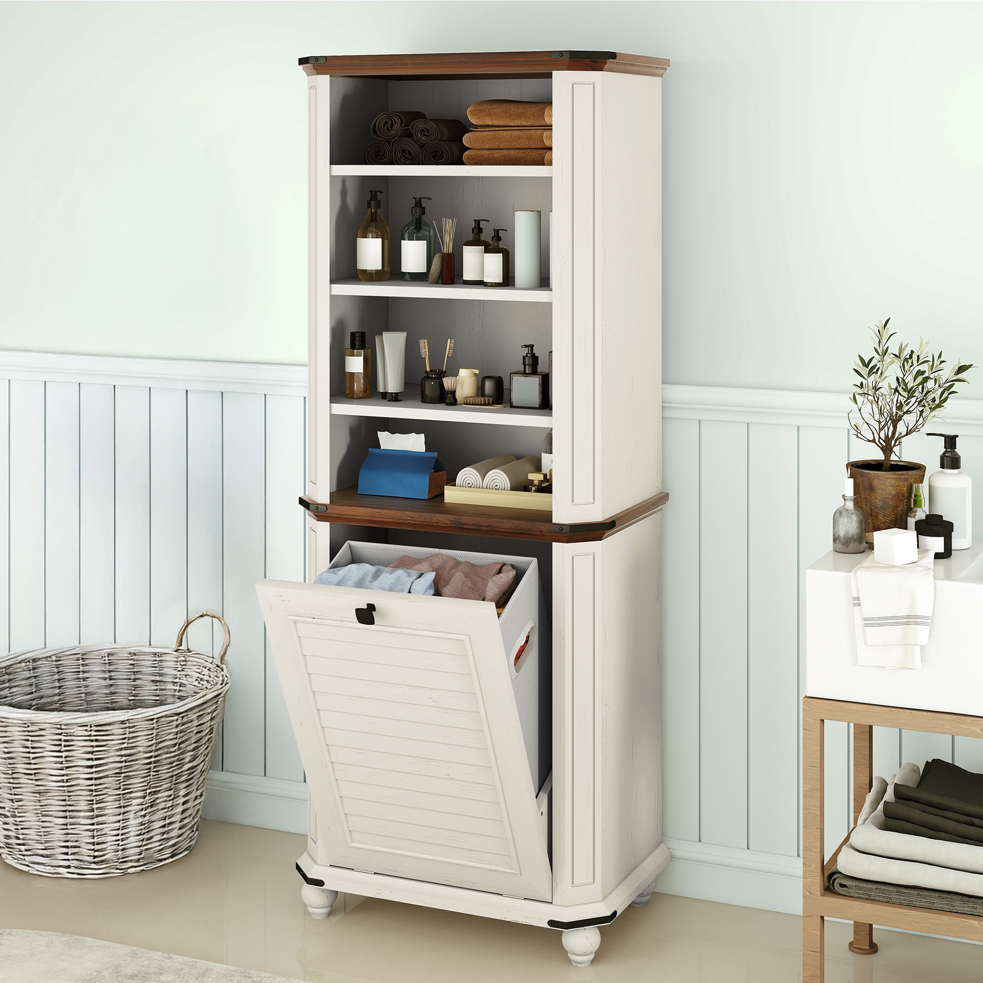 DEXTRUS Laundry Hamper Cabinet with Storage Shelves, Storage Cabinet ...