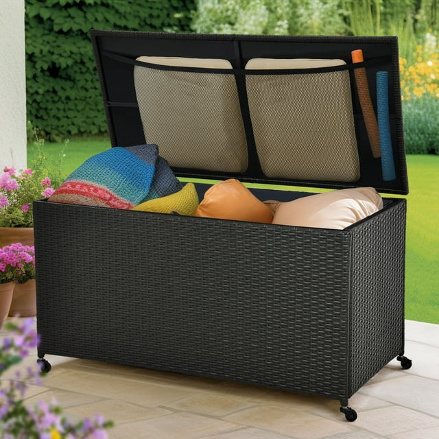 DEXTRUS Outdoor Wicker Storage Box with Wheels, 120 Gallon Waterproof ...