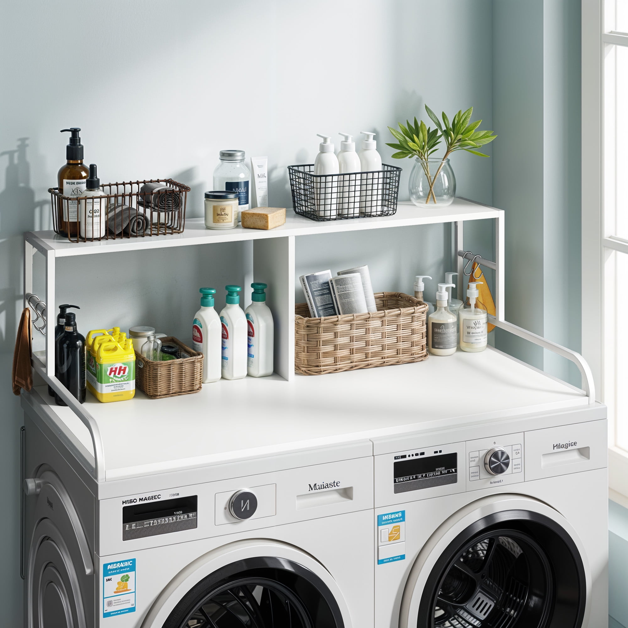 DEXTRUS Over Washer Storage Shelf with Hooks, 2-Tier Laundry Room ...