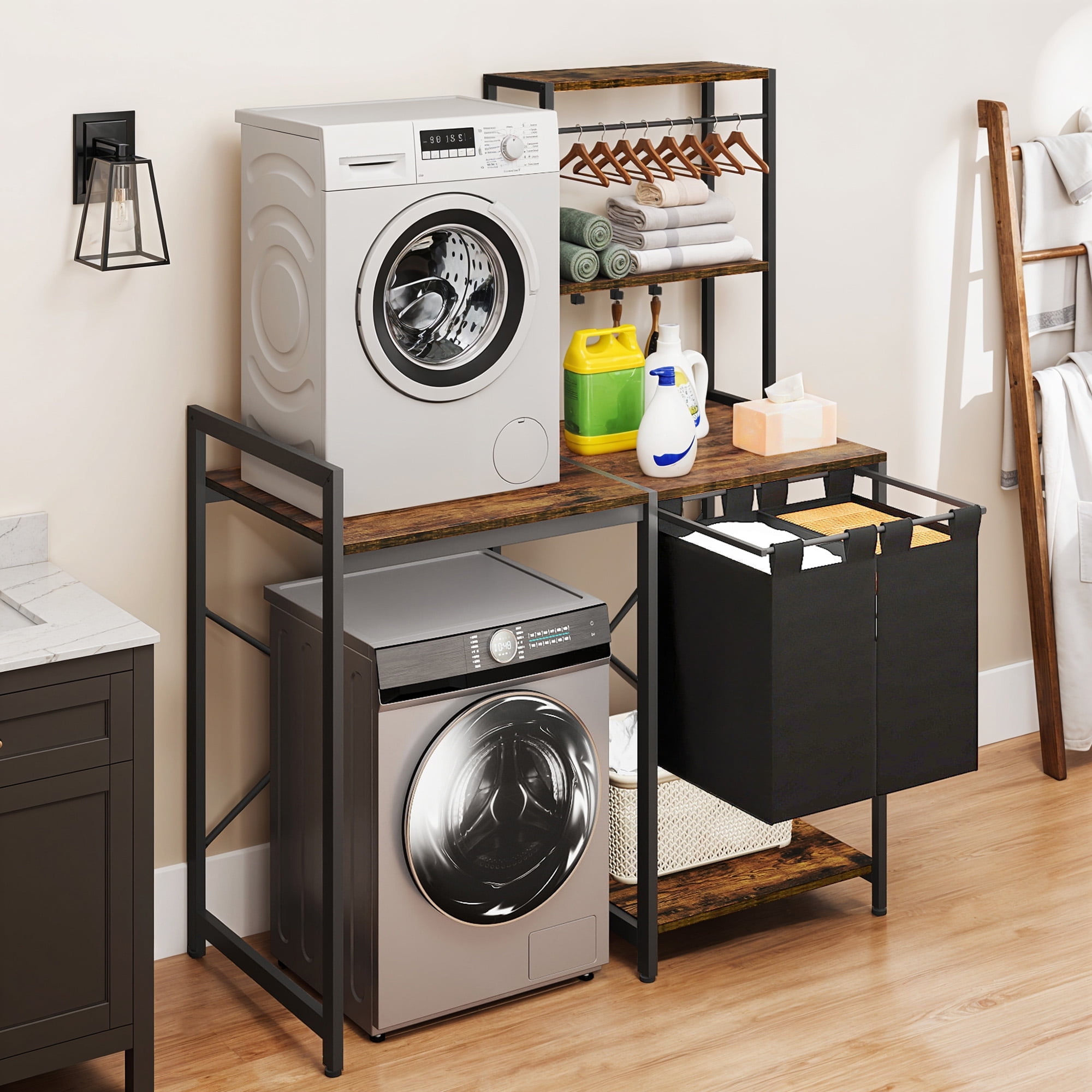 DEXTRUS Over-the-Washer Storage Shelves with Hamper, 76.6"h Laundry ...
