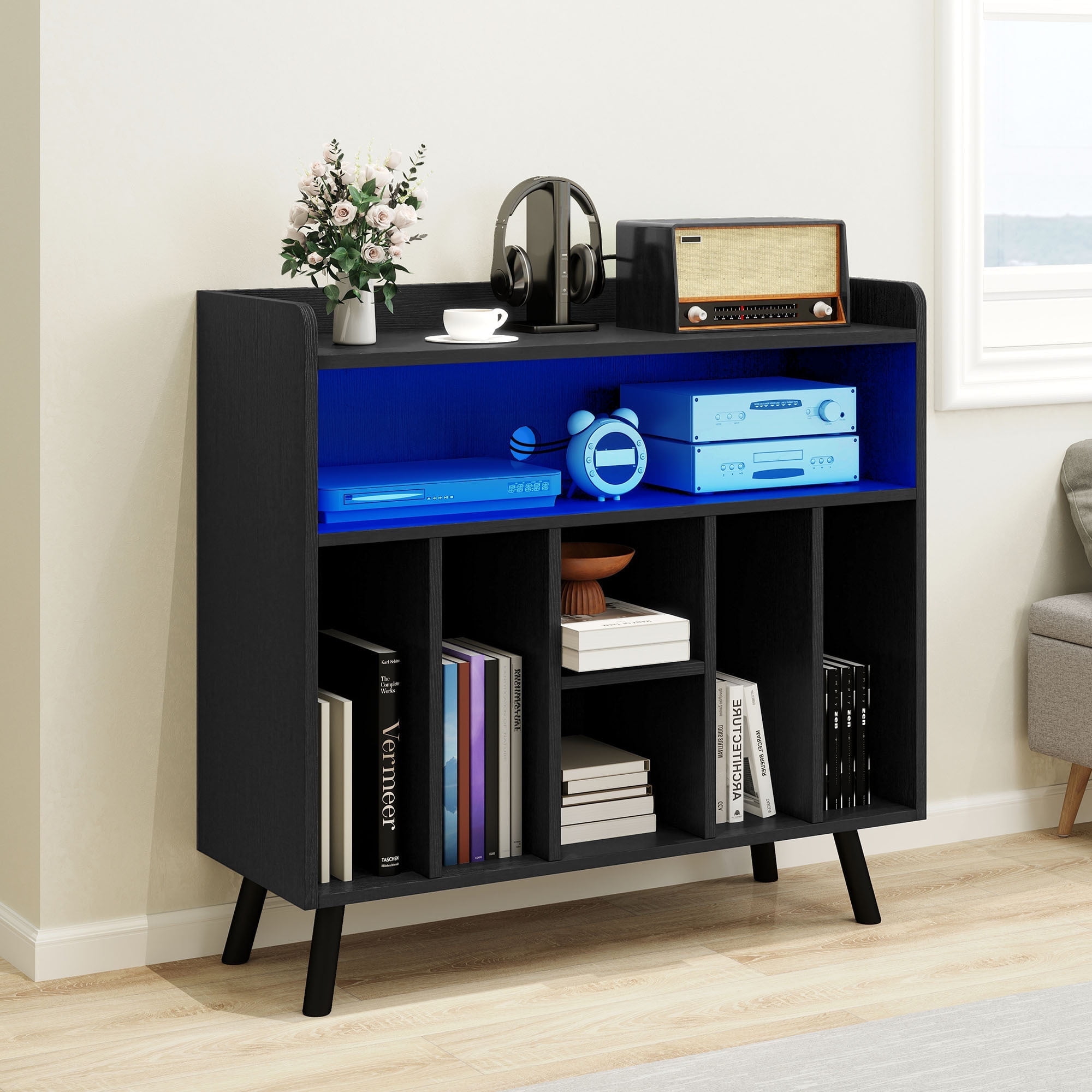 Dextrus Modern Wooden Record Player Stand with LED Lights, Holds 150 ...