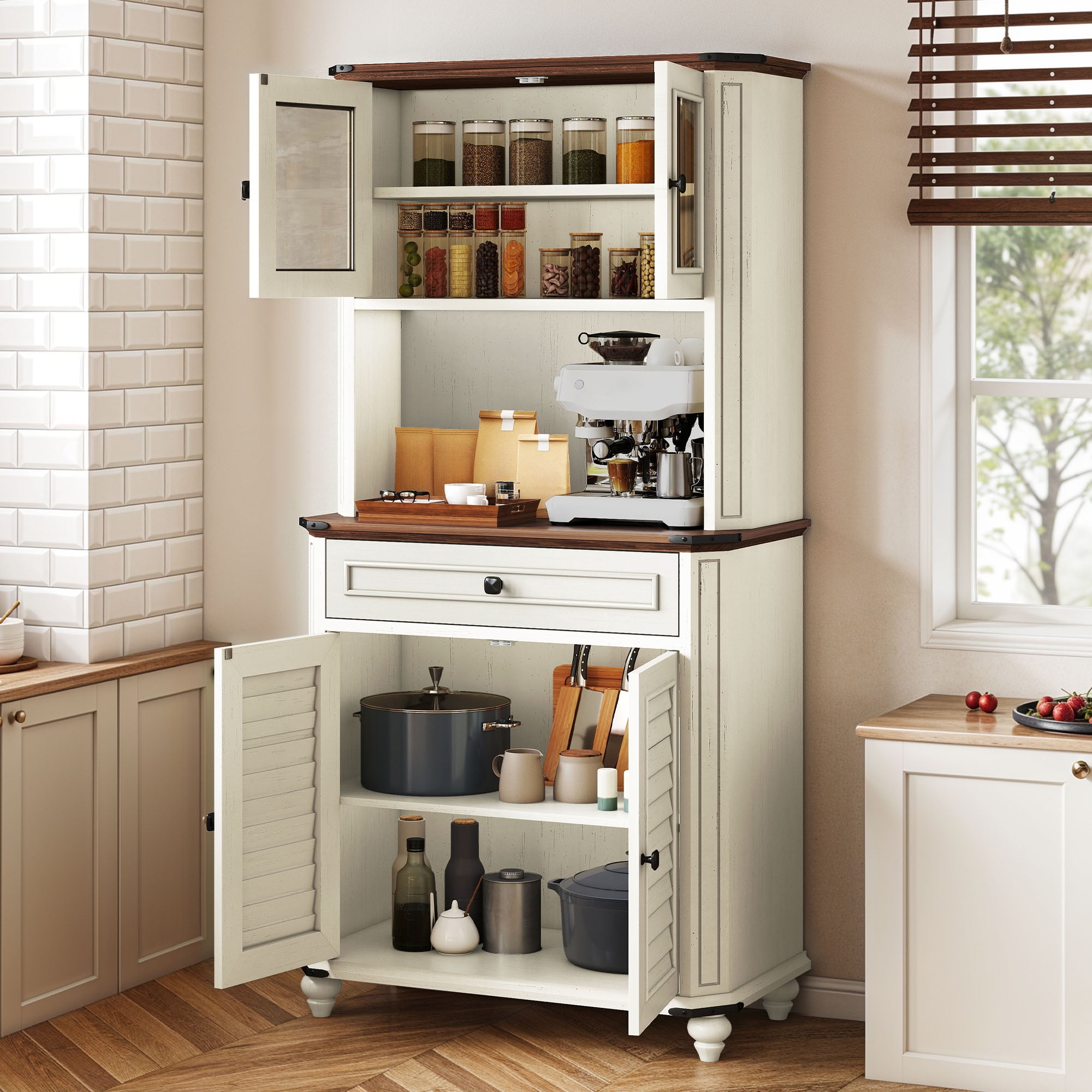 DEXTRUS Rustic Kitchen Pantry Cabinet with Drawer & Doors, Storage ...