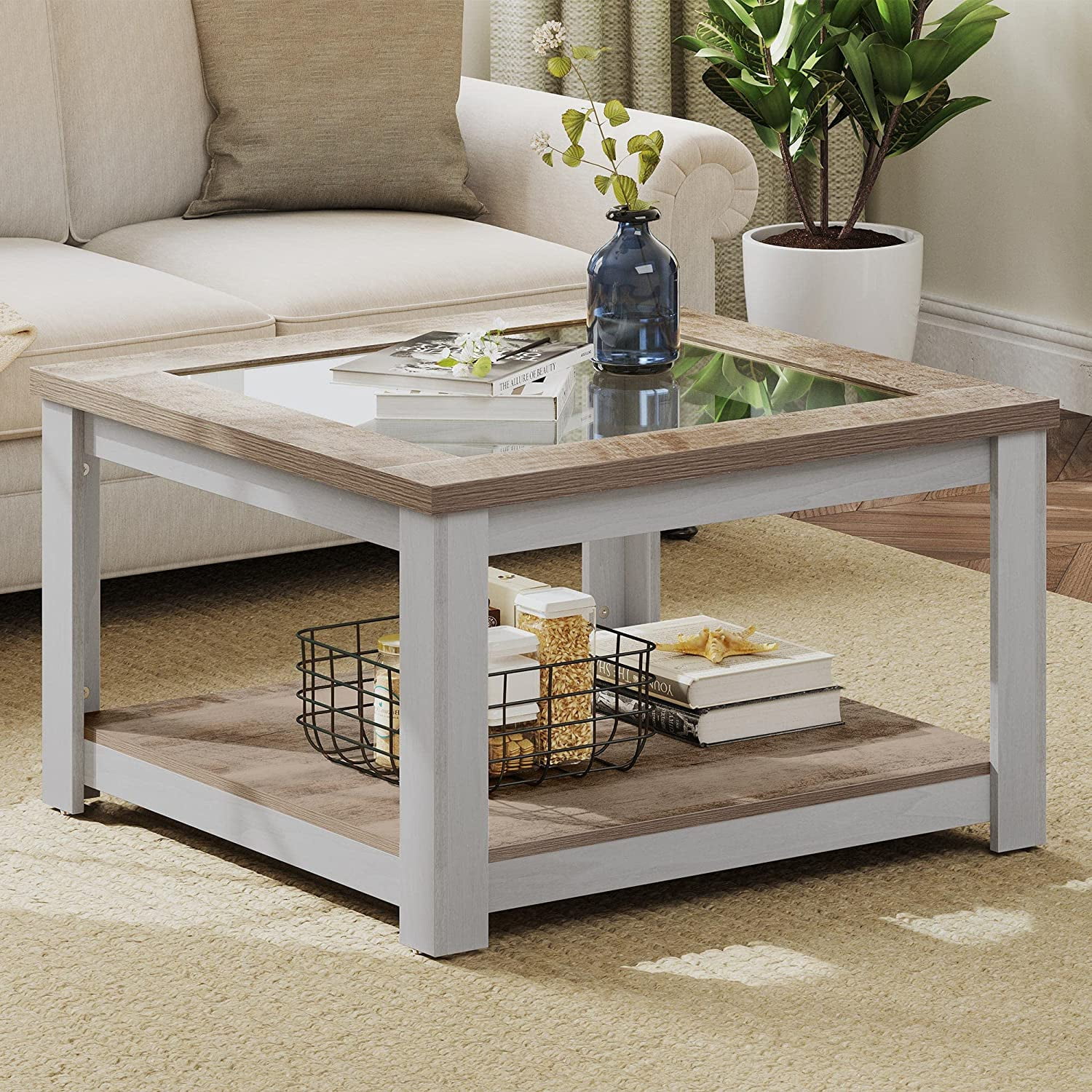 DEXTRUS Square Farmhouse Coffee Table with Glass Top and Open Storage ...