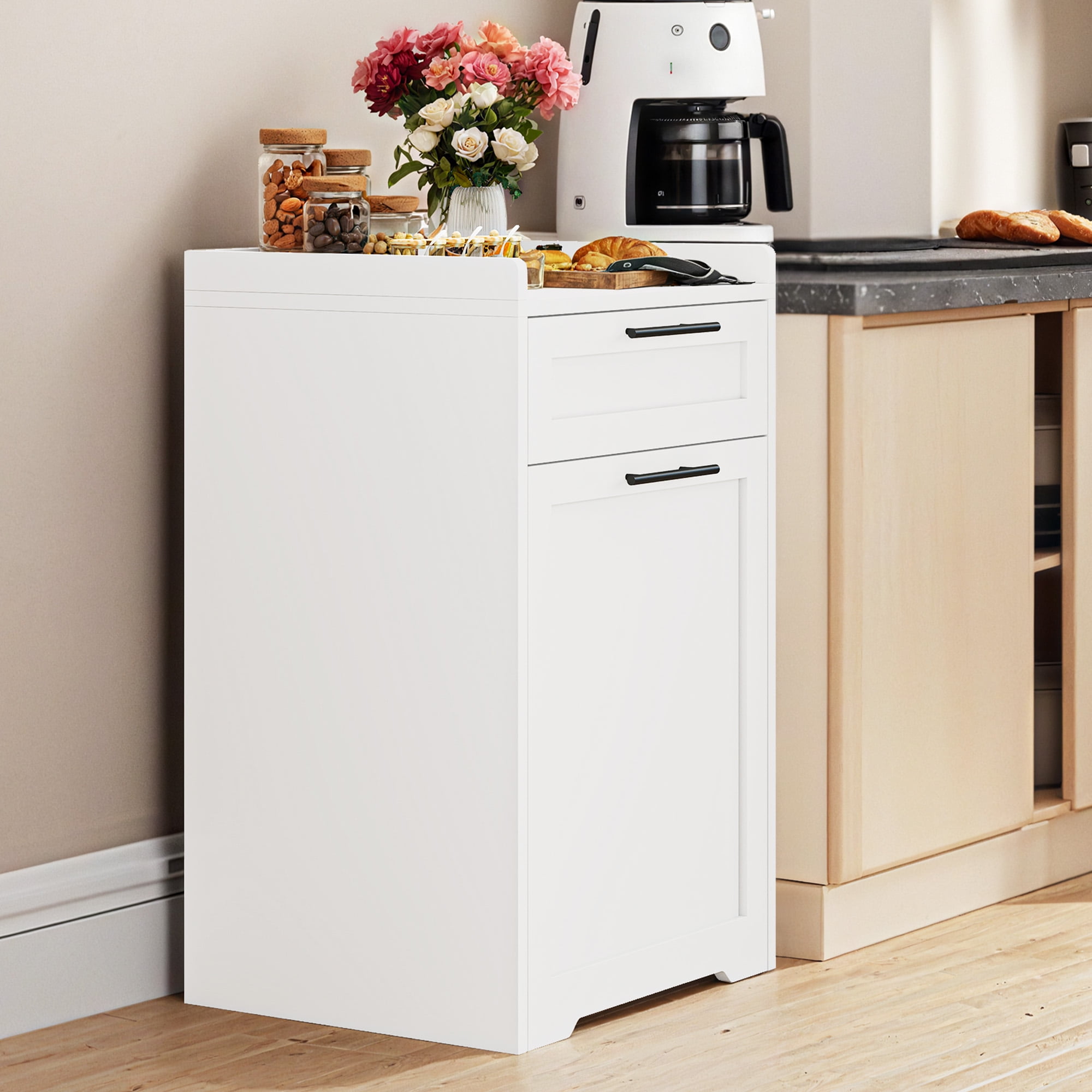 DEXTRUS Trash Storage Cabinet with Drawer, Cabinet with Pull-Out Trash ...
