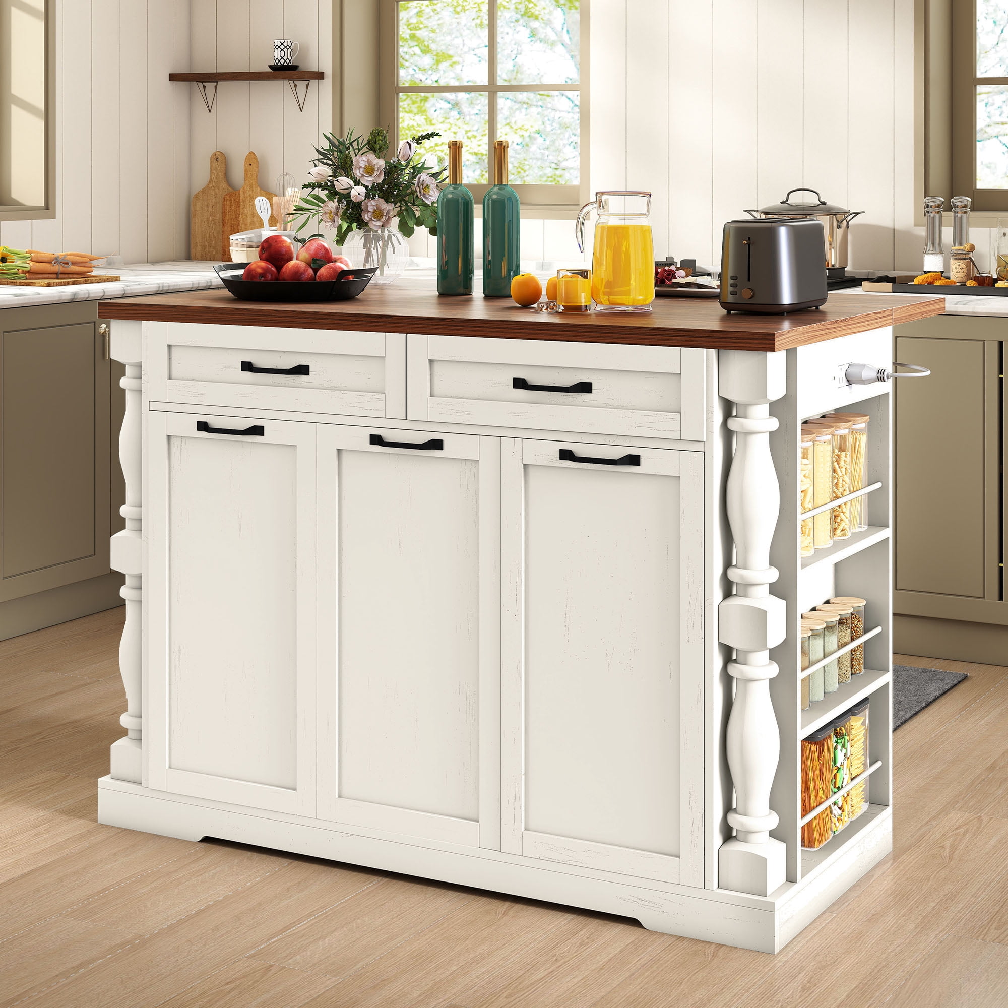 DEXTRUS Vintage Kitchen Island with Drop Leaf & Power Outlets, Rolling ...