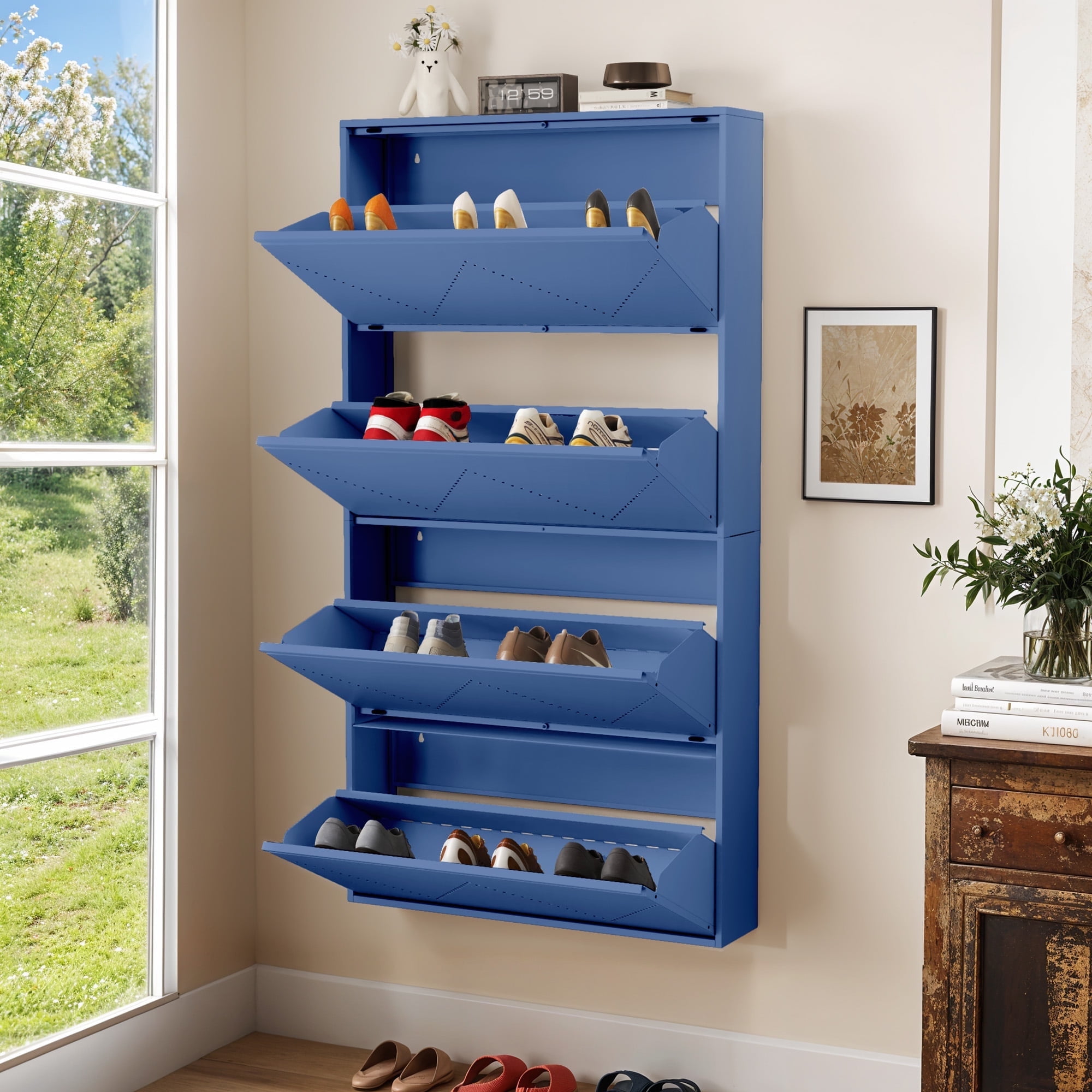 DEXTRUS Wall Mount Shoe Cabinet with 4 Flip Drawers, Metal Shoe Storage ...