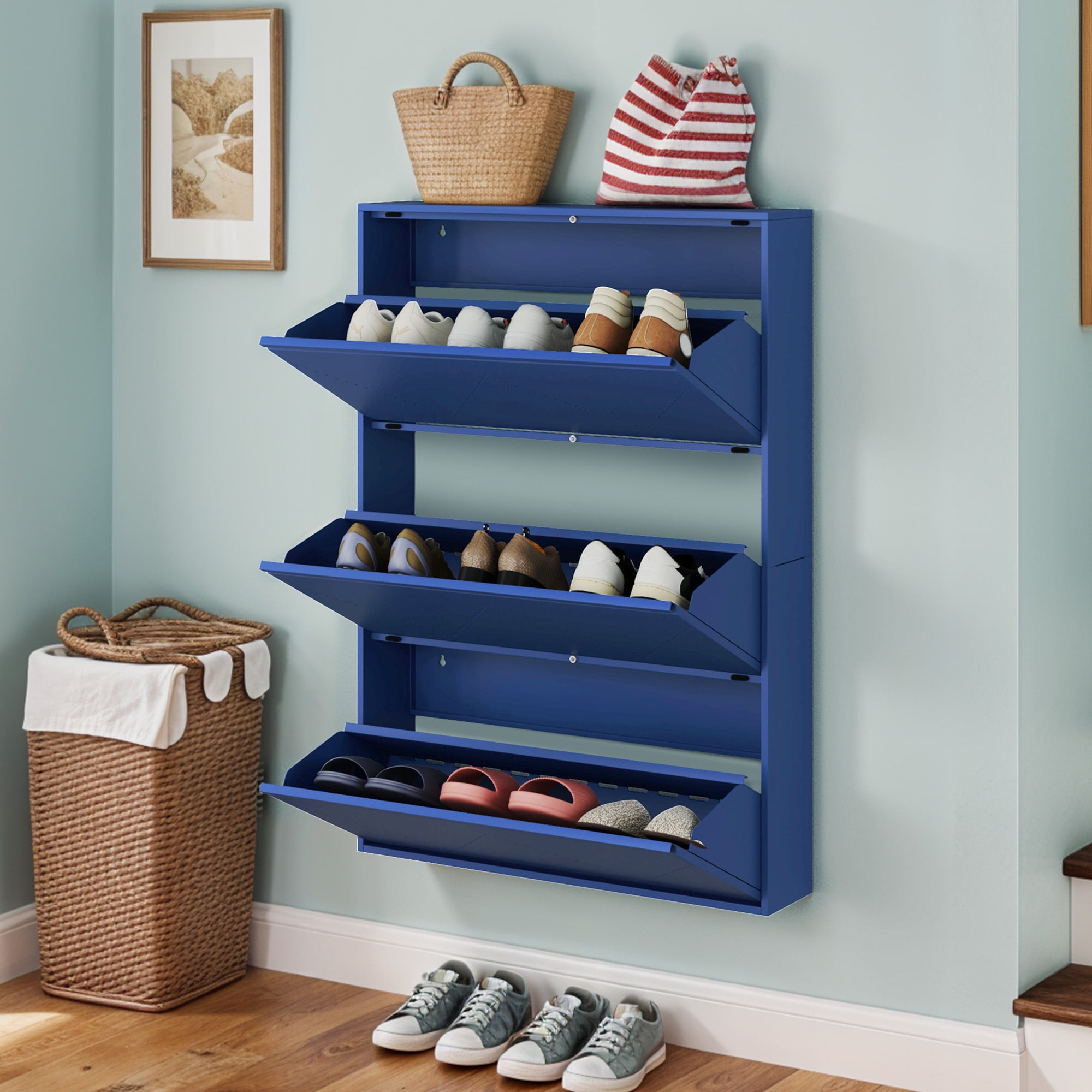 DEXTRUS Wall Mount Shoe Storage Cabinet with Flip Drawers, 3-Tier Metal ...