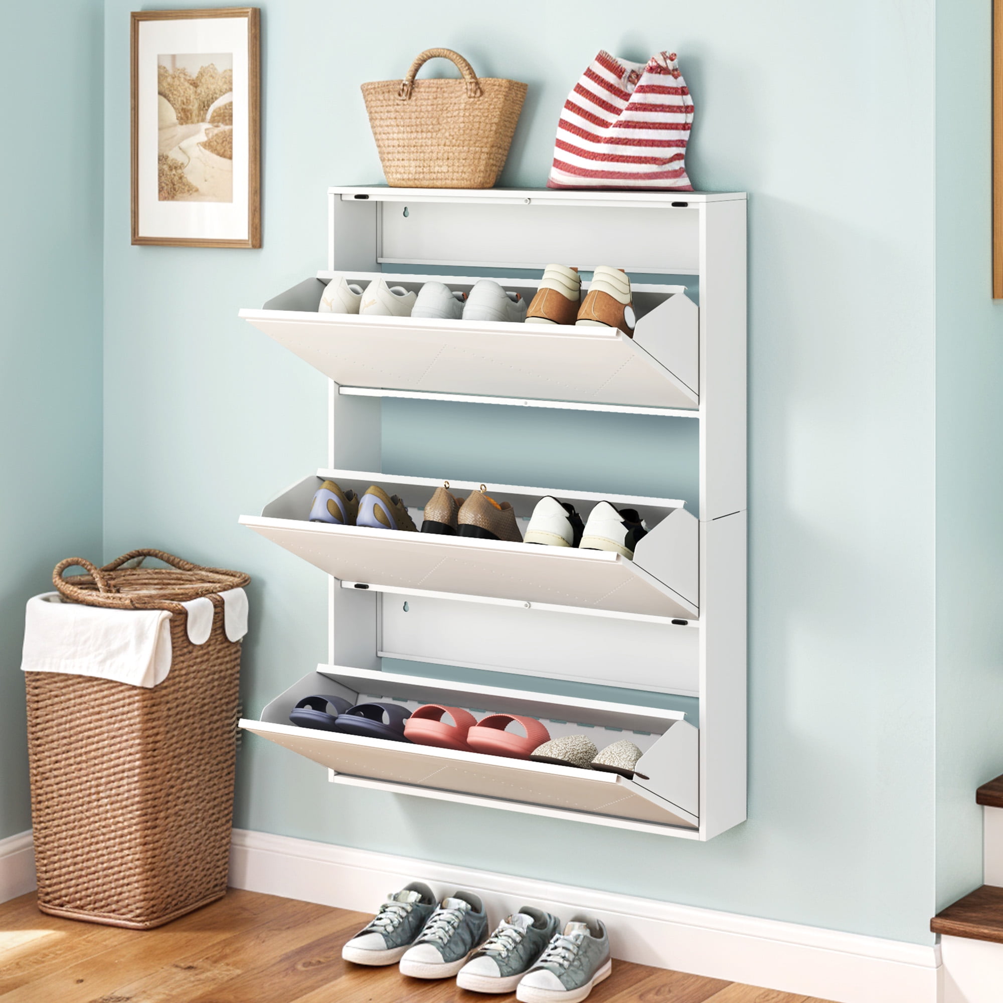 DEXTRUS Wall Mount Shoe Storage Cabinet with Flip Drawers, 3-Tier Metal ...