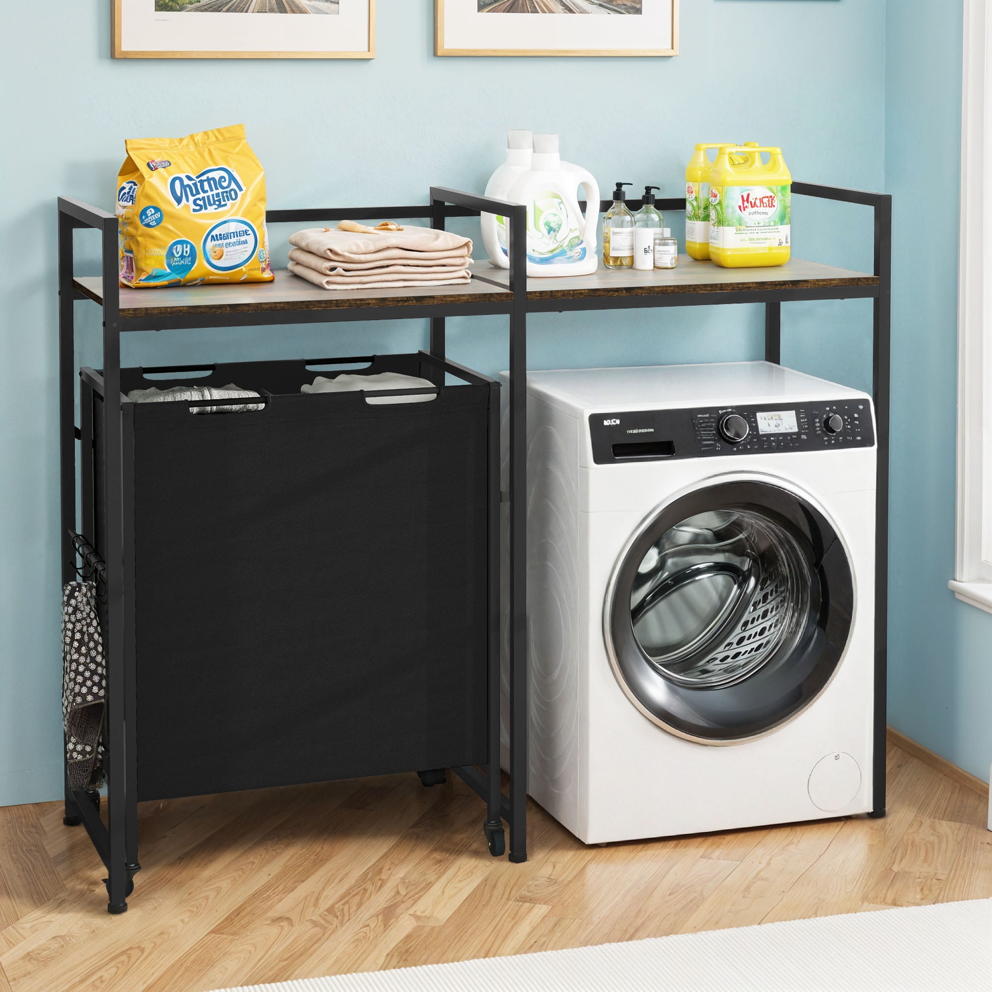 DEXTRUS Washer Dryer Storage Shelf with Hooks, Bathroom Storage Rack ...