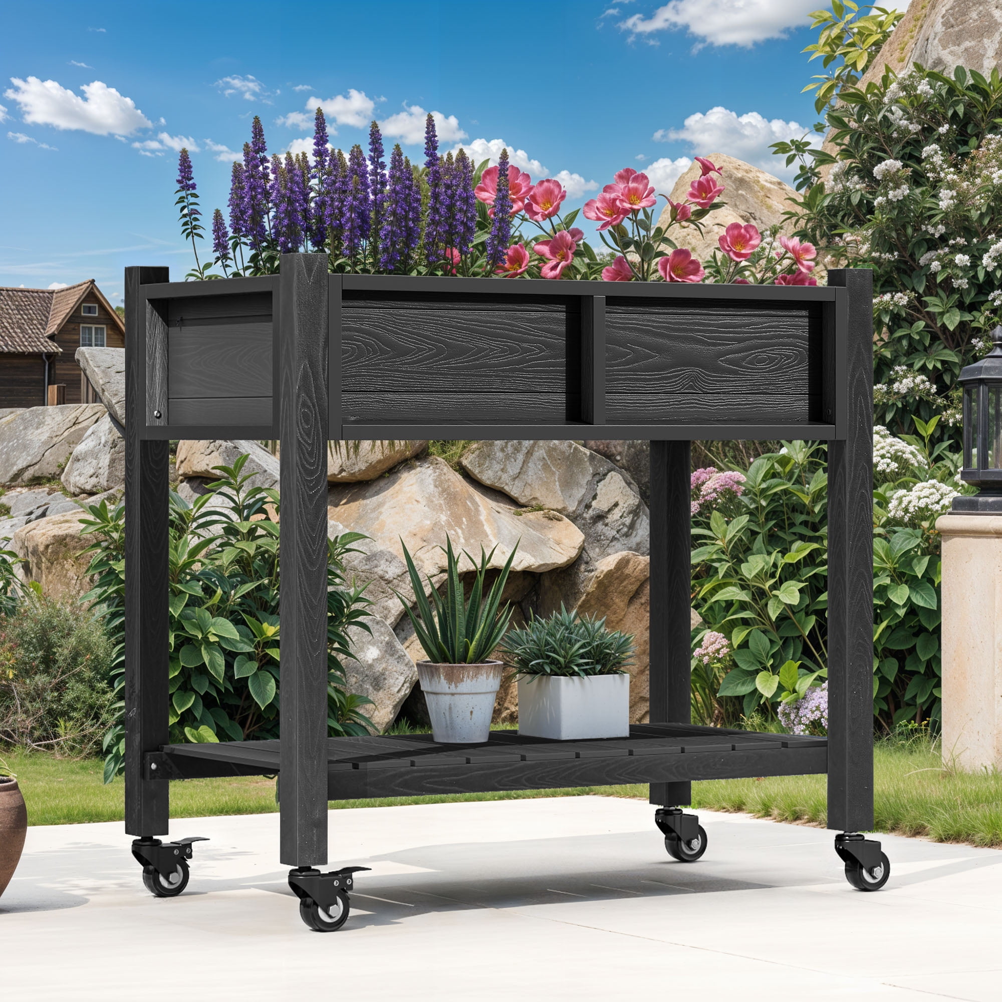 DEXTRUS Weatherproof Raised Garden Bed with Wheels, 2-Layer Planter Box ...