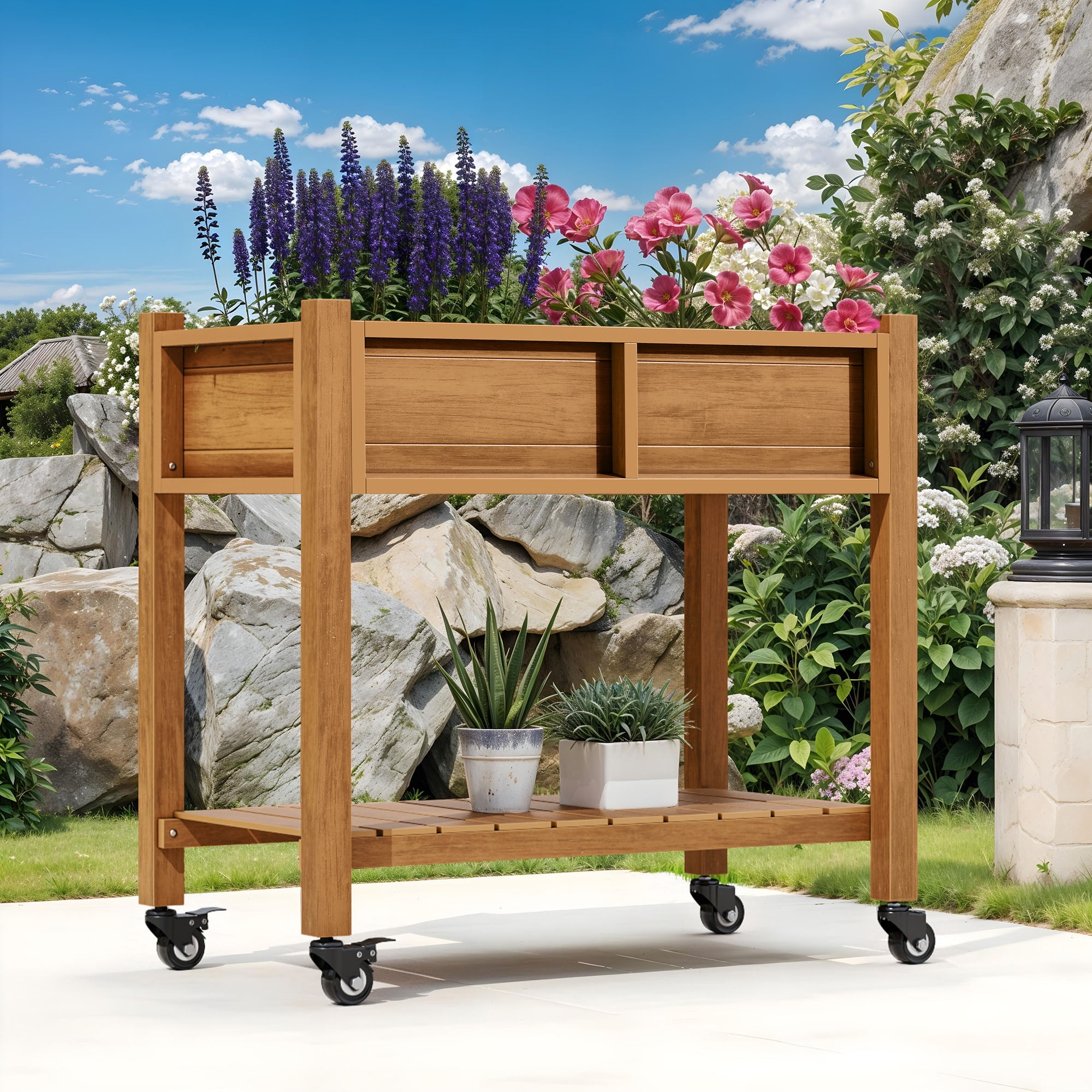DEXTRUS Weatherproof Raised Garden Bed with Wheels, 2-Layer Planter Box ...