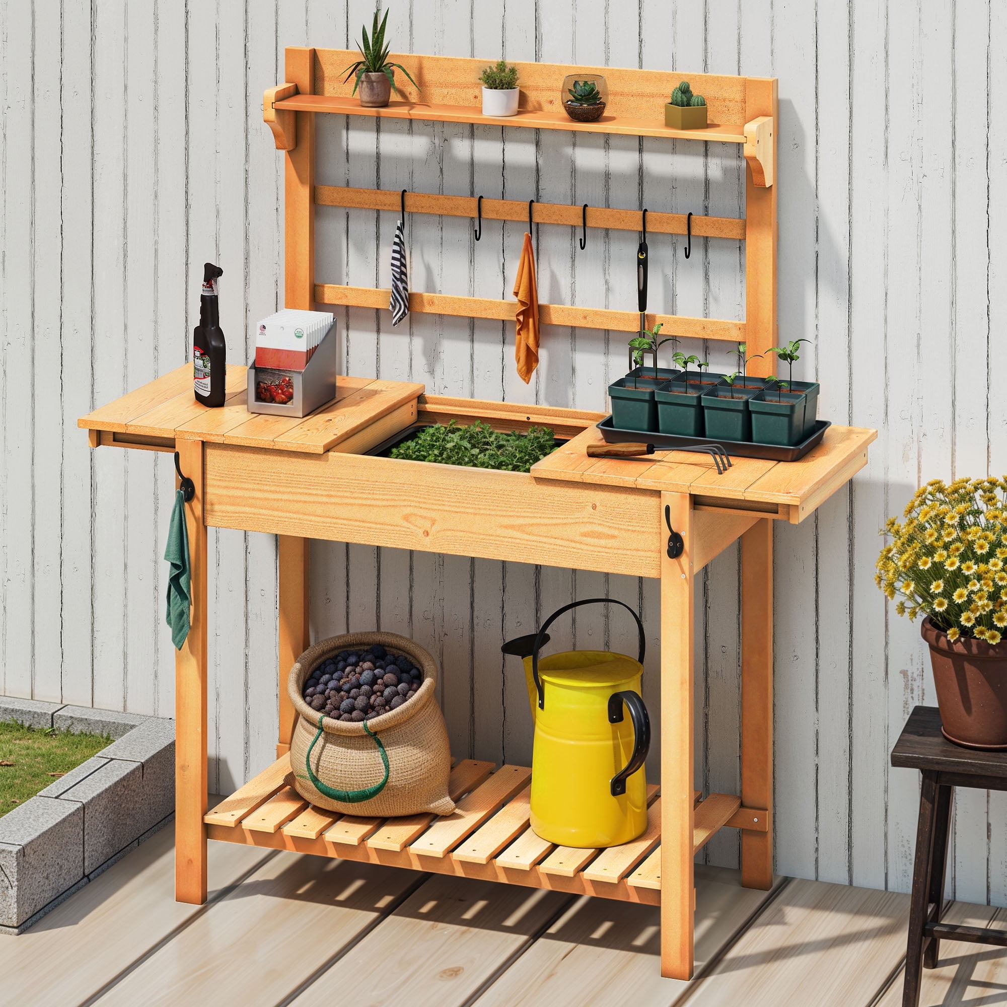 DEXTRUS Wood Potting Bench Table with Shelves & Hooks, Workstation with ...