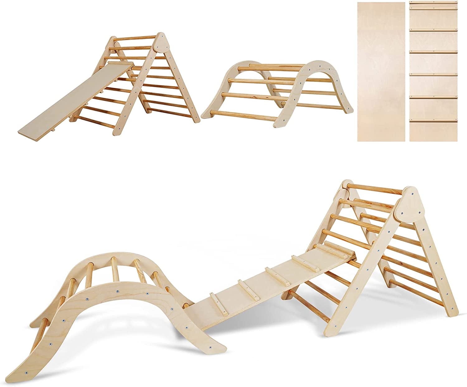 DEYGIA 3 in-1 Foldable Triangle Ladder, Wooden Climber with Ramp ...