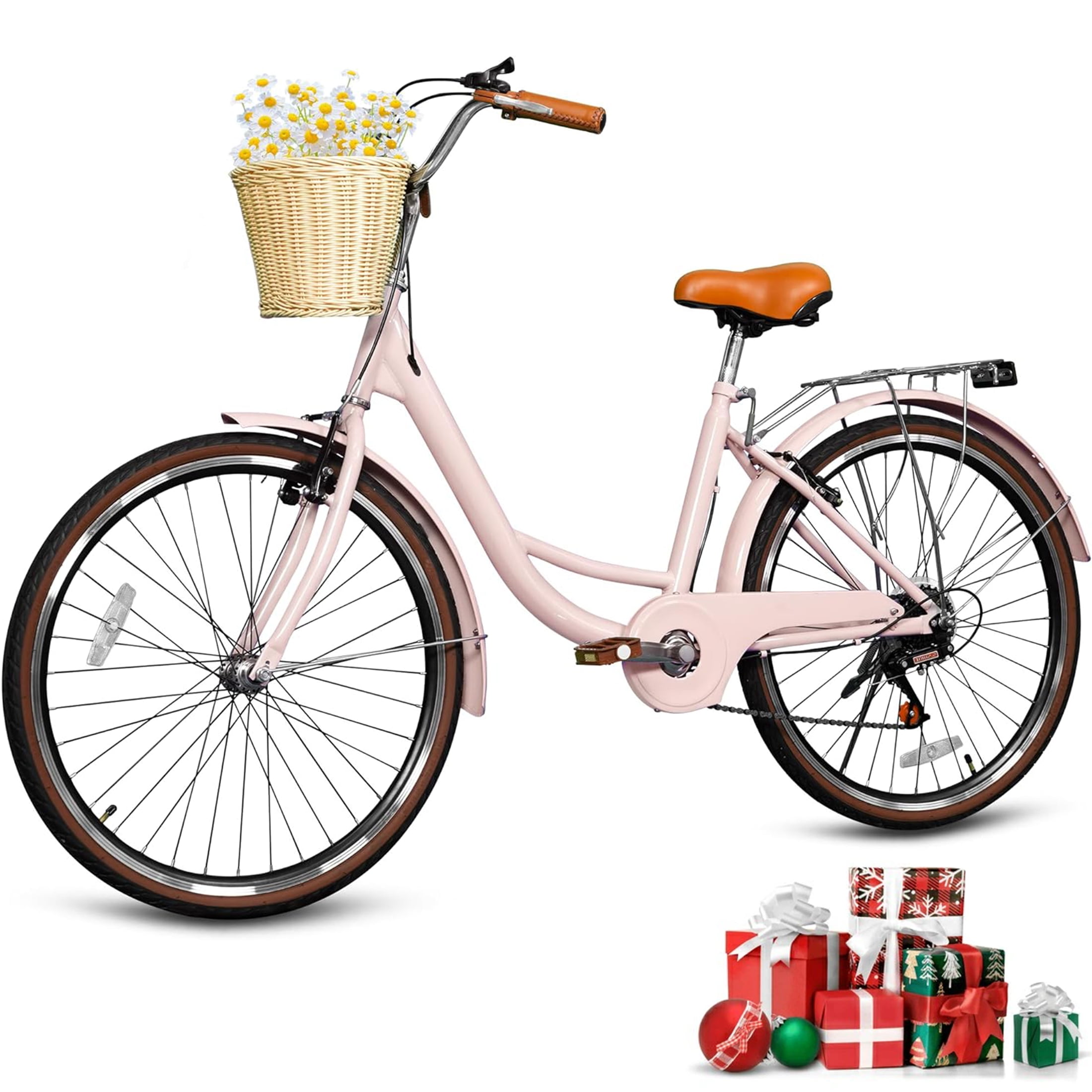 DEYGIA Kids Bike, Cruiser Bike for Girls, 26 inch 7 Speed Kids' Bicycles with Rattan Basket and ...