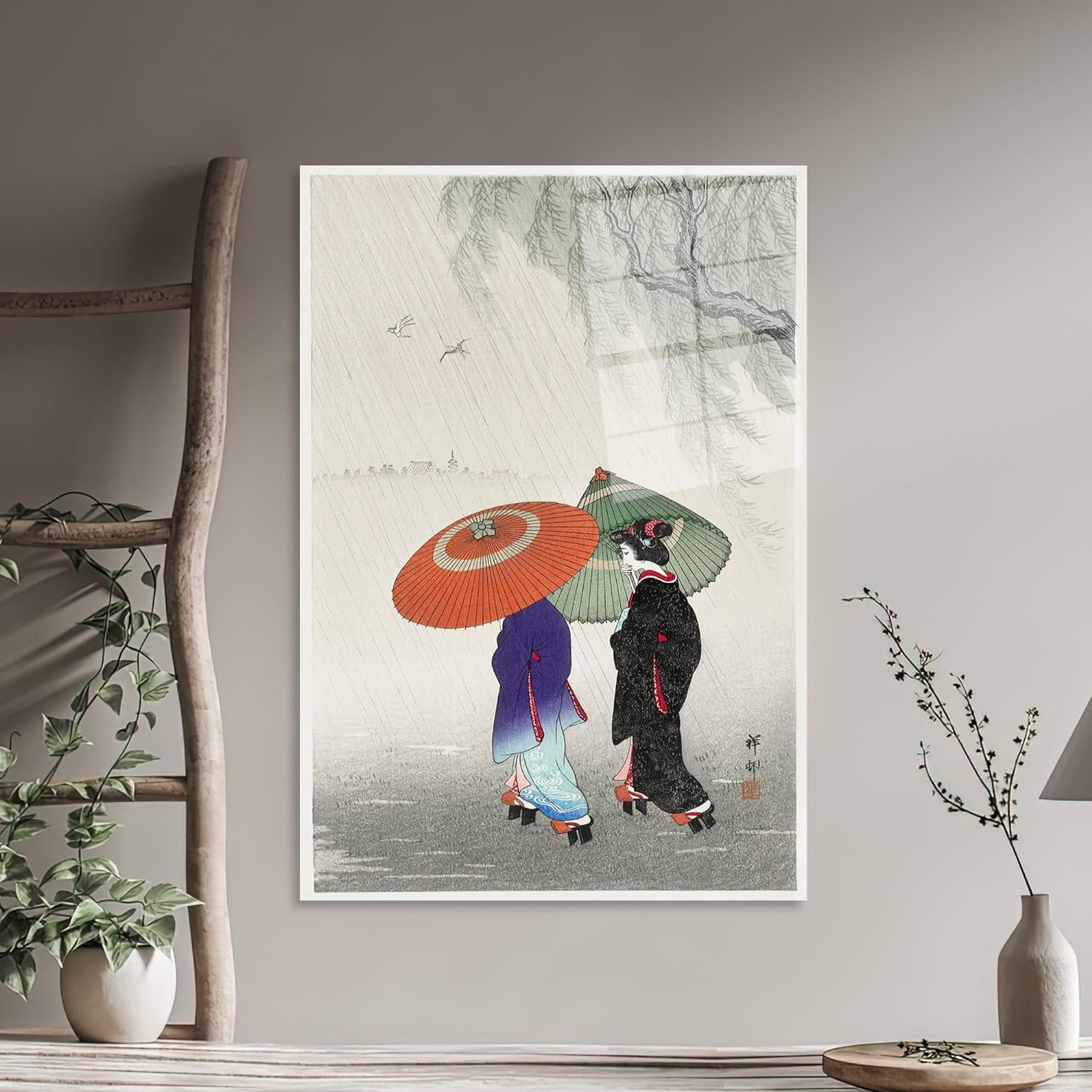 DEYOU Glass Art Wall Decor, Two Beauties in Rain, Reproduction Glass ...