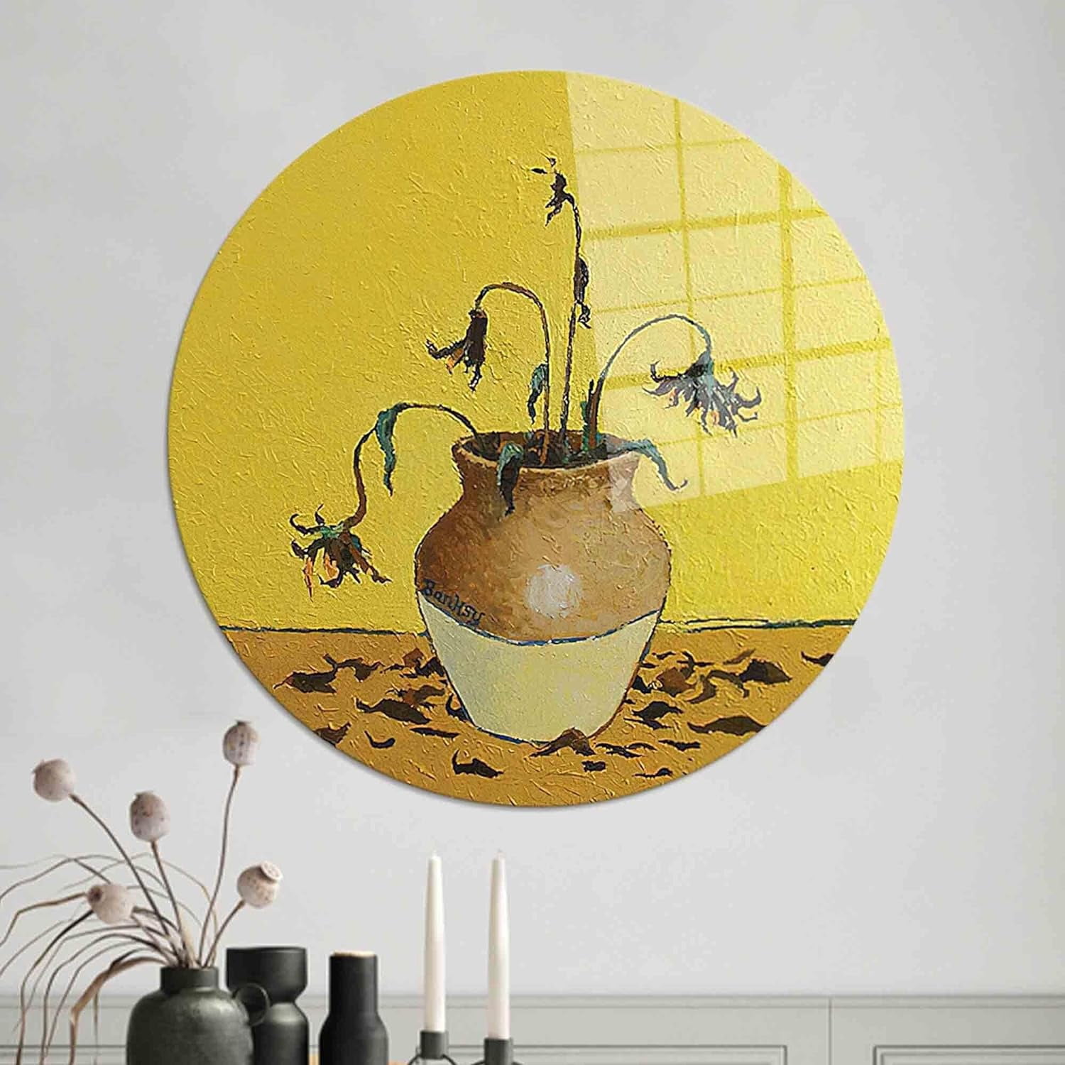 DEYOU Round Banksy Sunflower Painting, Glass Custom For Art, Glass Art ...