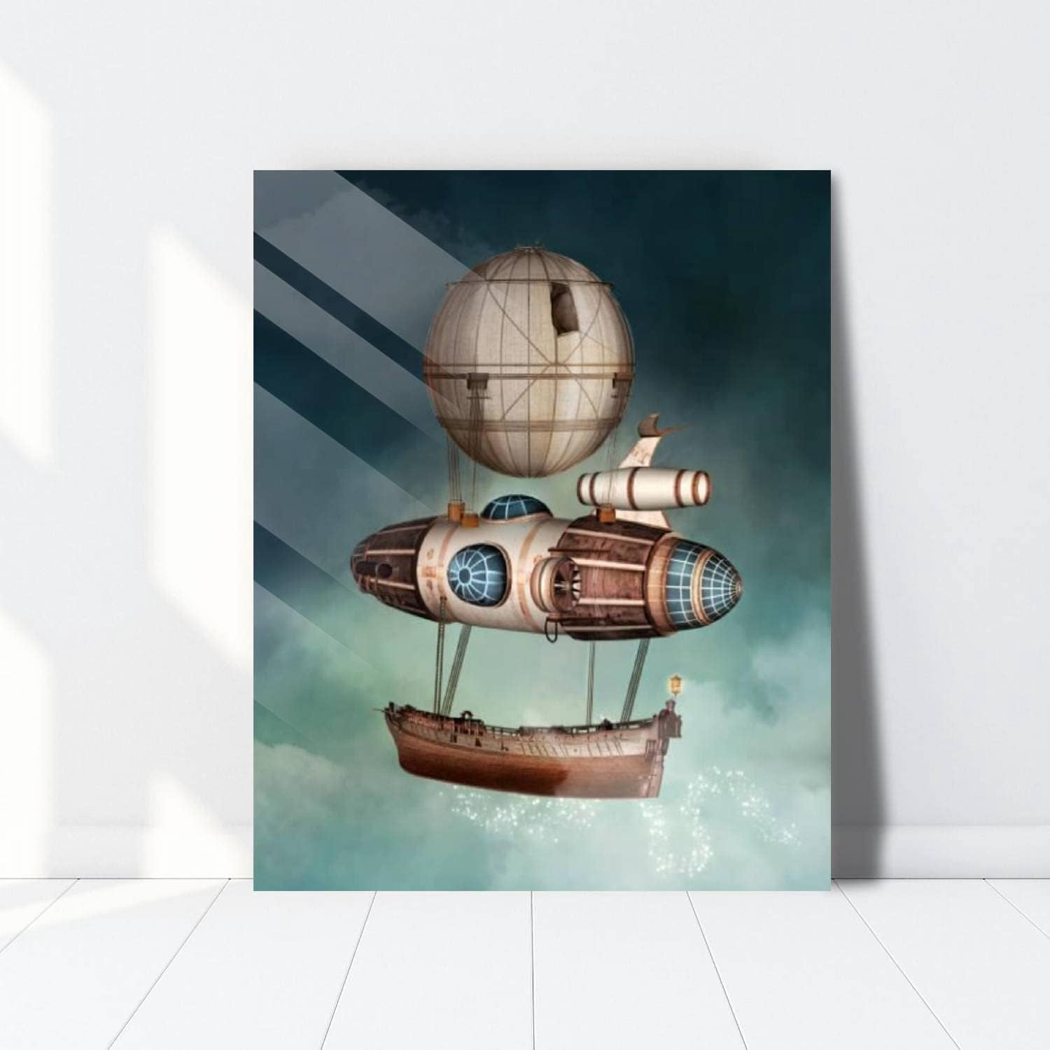 DEYOU Tempered Glass Wall Art Decor Steampunk fantasy vessel flying in ...