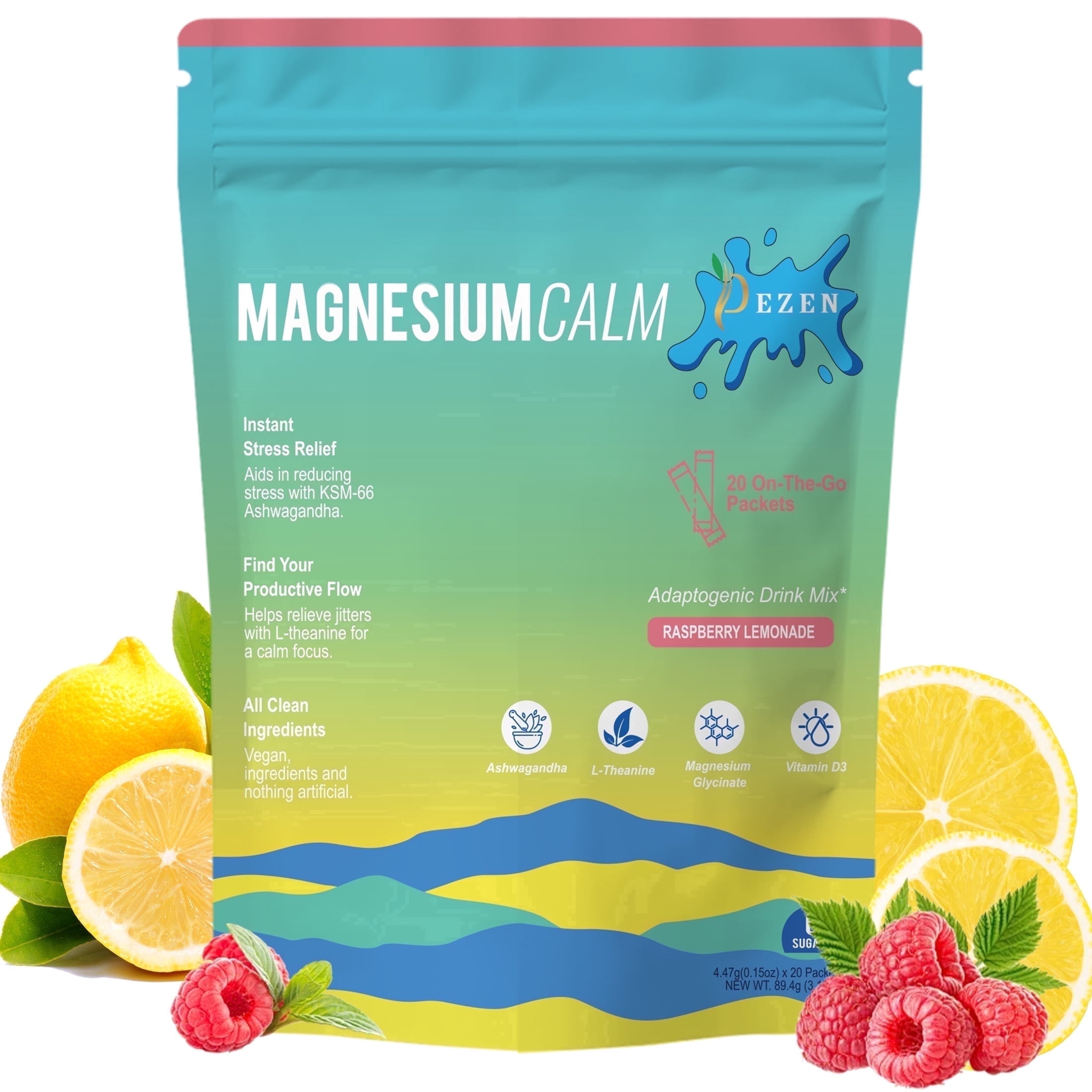 DEZEN Magnesium Calm Powder, L-Theanine, Ashwagandha, Vitamin D3, Sleep ...