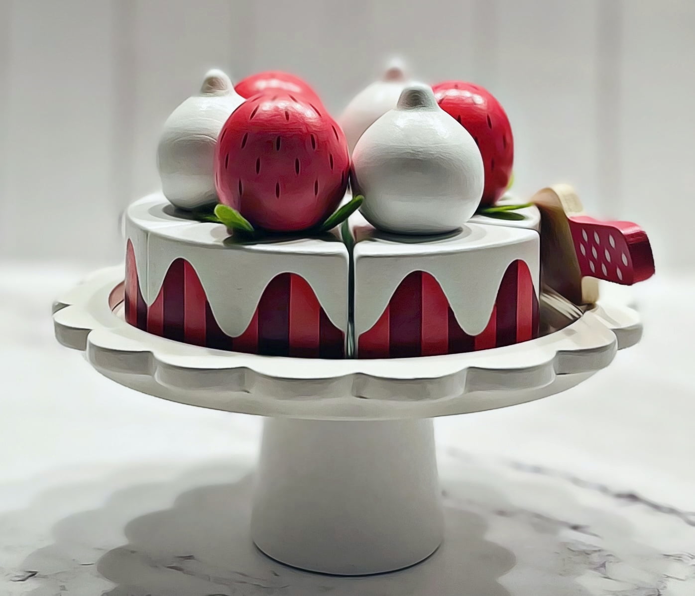 DEZICAKES Fake Cake on White Wood Cake Stand Set - Strawberry Wood Fake Cake Pink & Green ...