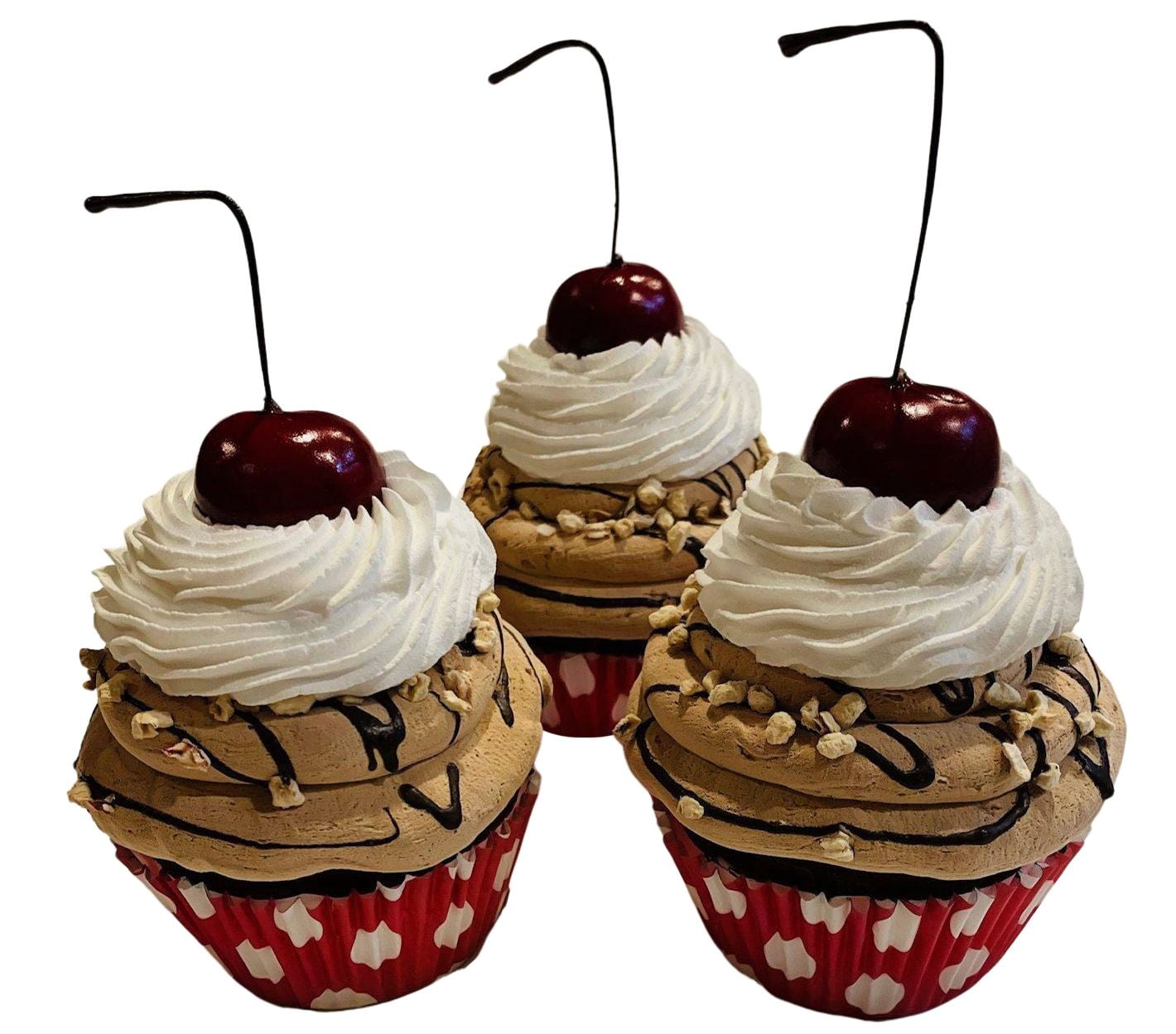 DEZICAKES Fake Cupcakes Set of 3 Chocolate Cherry (Red) Prop Decoration ...