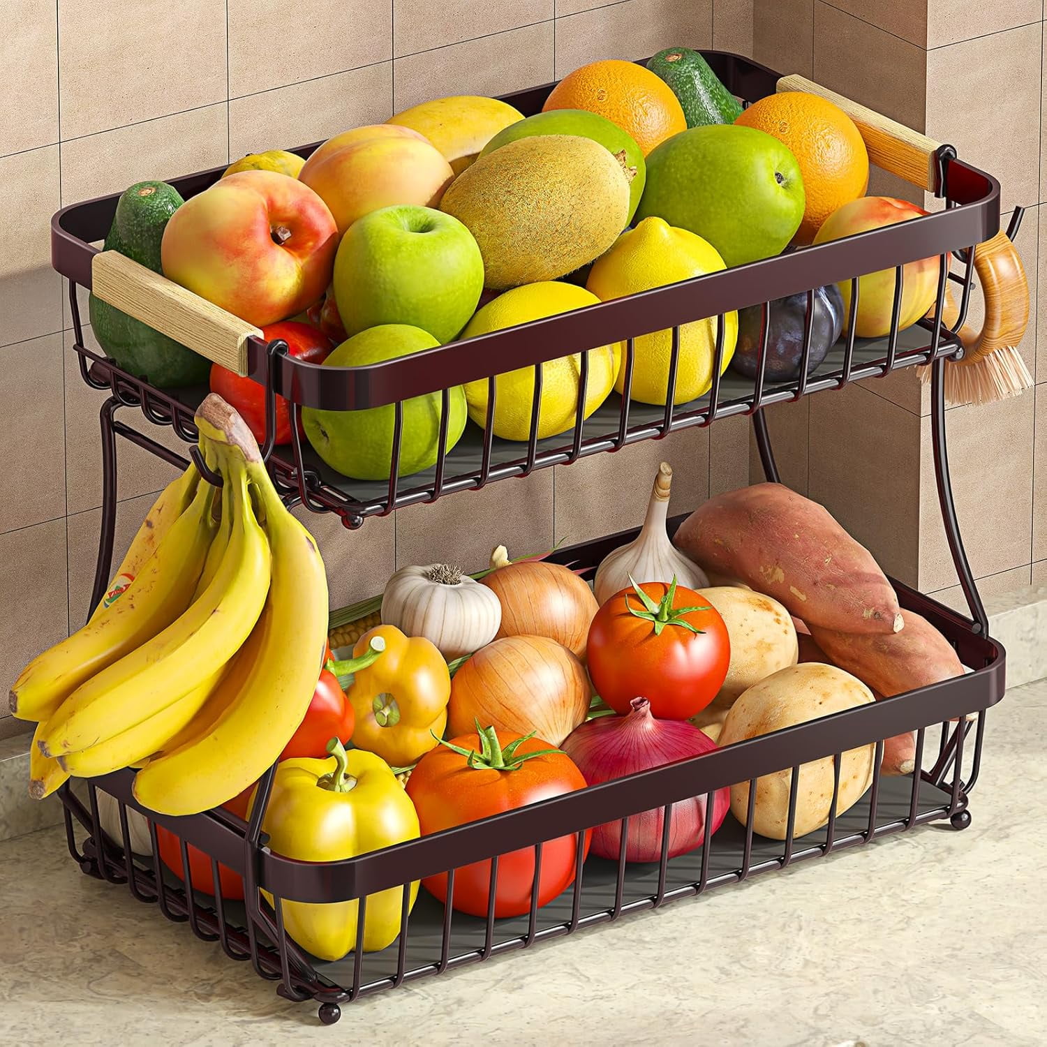 2 Tier Fruit Basket for Kitchen Counter with 2 Banana Hangers, 2025 Pro ...