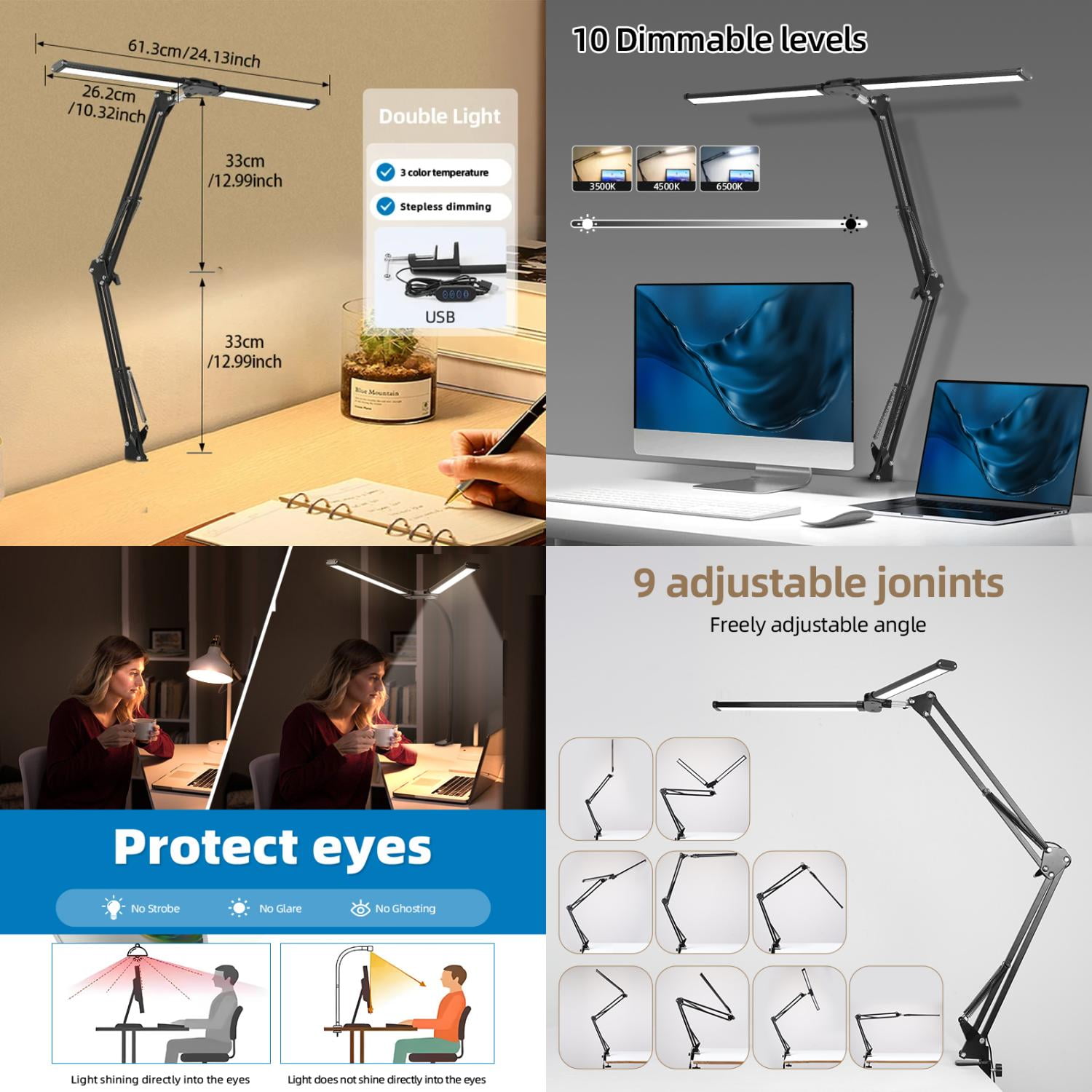 DFDIEJZ Convenient Adjustable Portable Dimmable LED Clip-On Desk Lamps ...