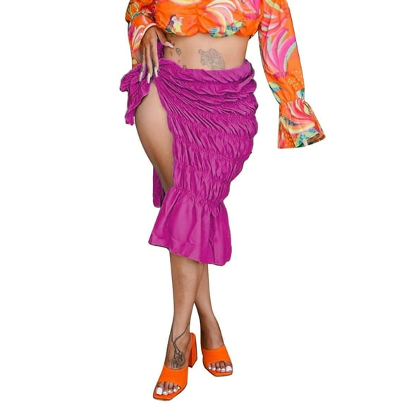 DFEK Women's Casual Solid Knot Front Asymmetric Hem Split Skirt with ...