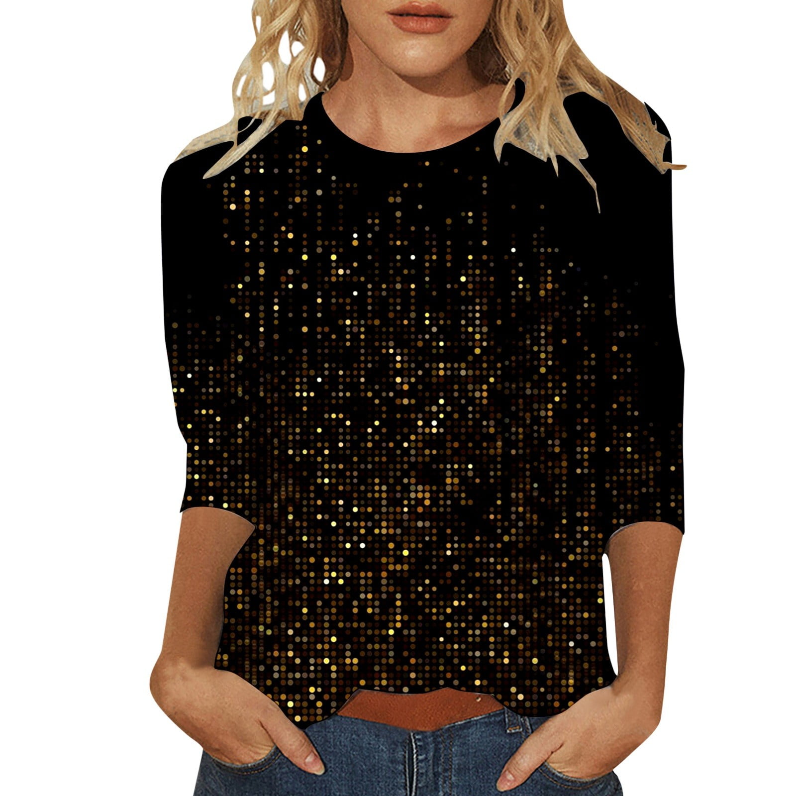 DFEK Women’s Sequin Tops Glitter Round Neck Three Quarter Sleeve Shirt ...