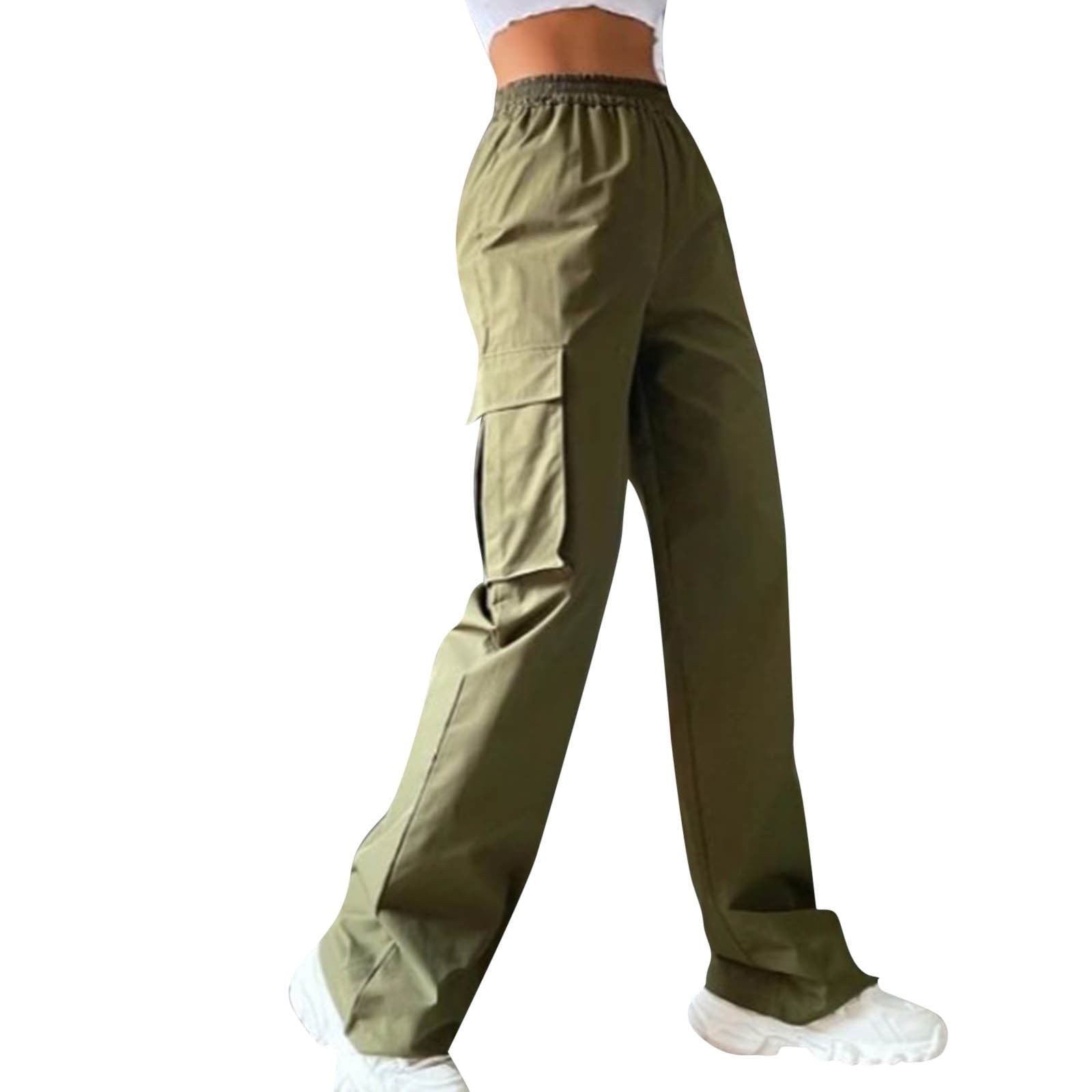 DFHJKG Women'S Casual Pants Solid Color Elastic Waist Straight Wide Leg ...