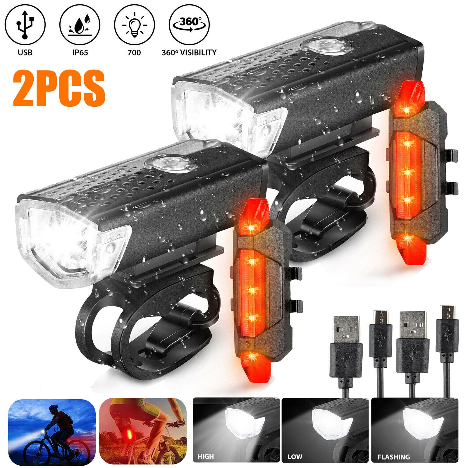 DFITO USB Rechargeable Bike Light Set, LED Headlight & Tail Light, IP65 ...