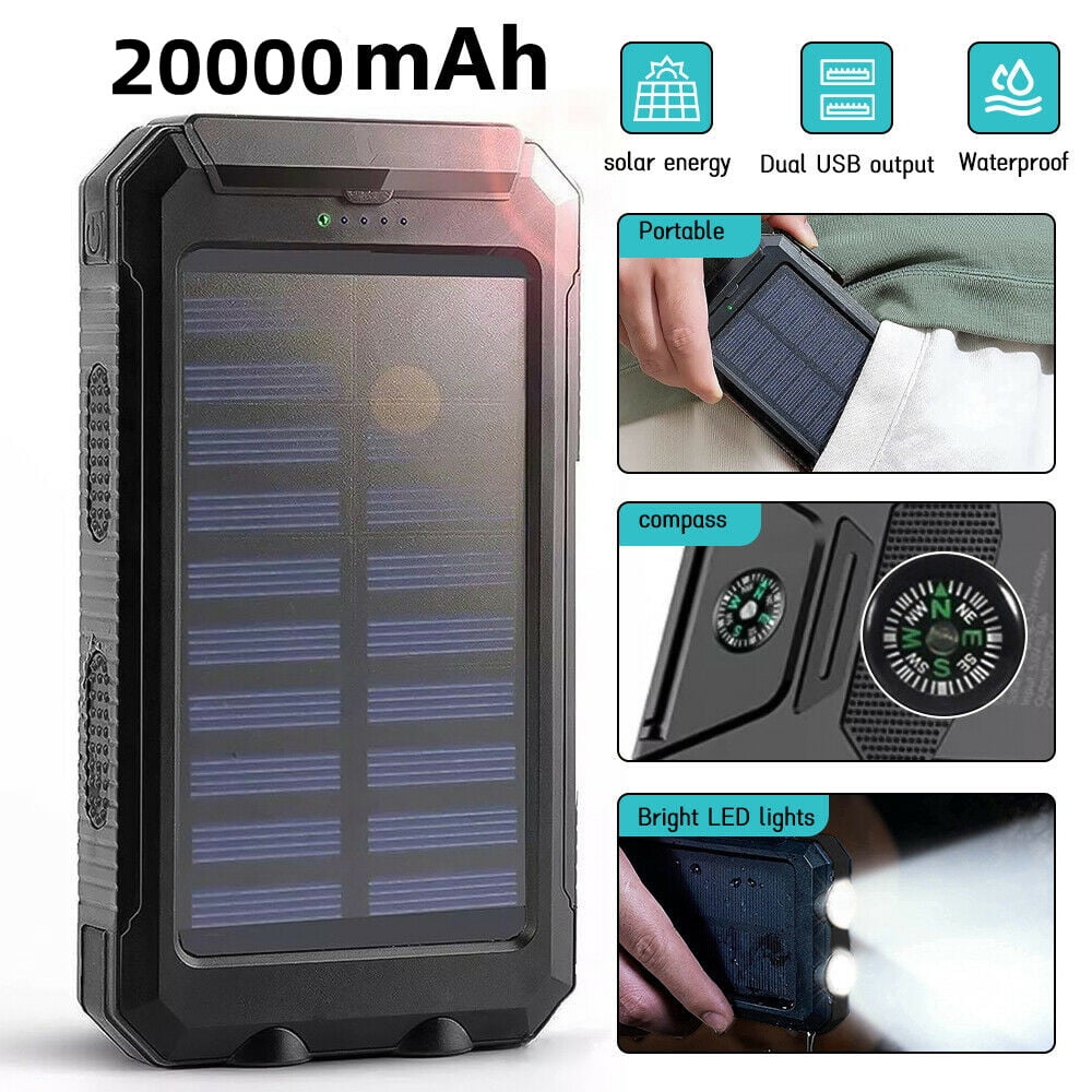 DFITO 20000mAh Waterproof USB Portable Charger Solar Power Bank ...