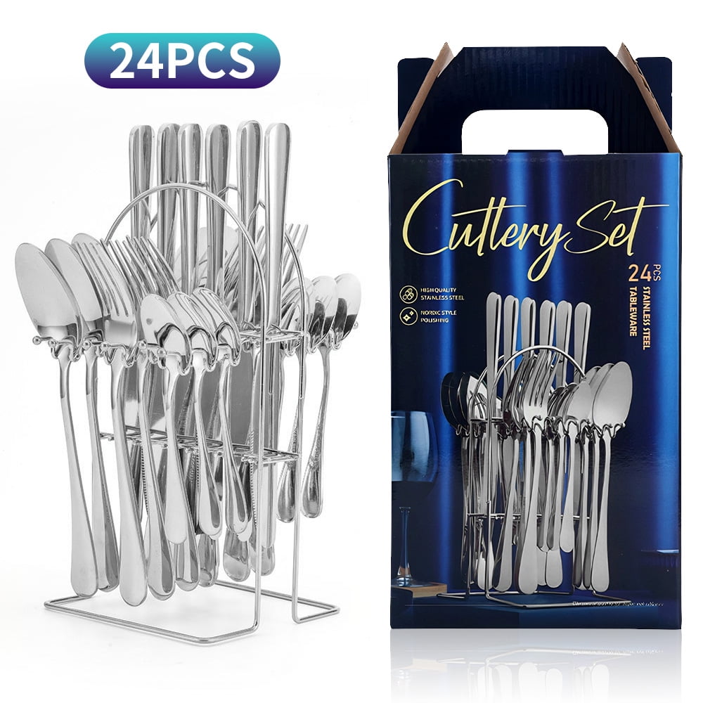 DFITO 24 Pcs Silverware Set with Hanging Holder Stainless Steel ...