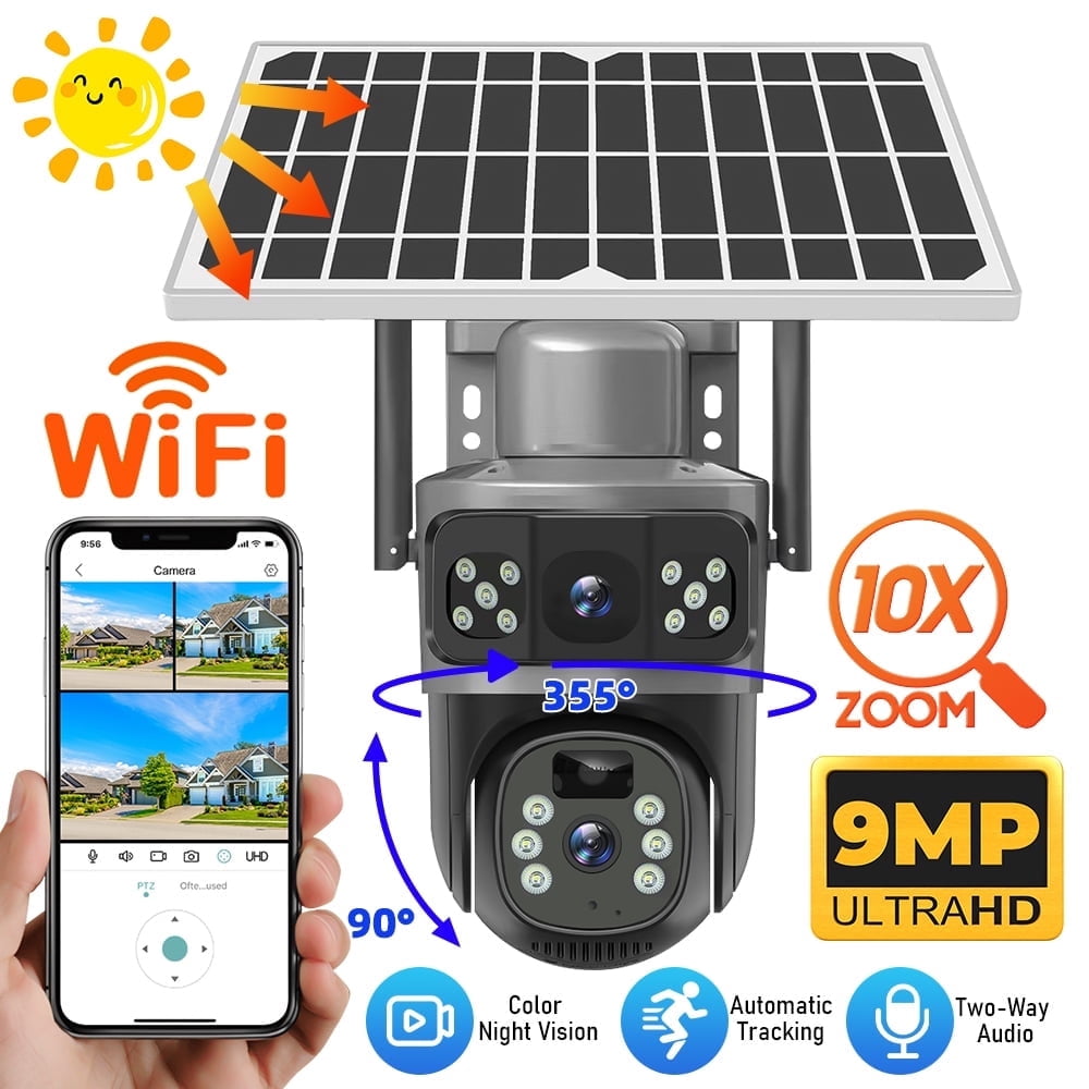 DFITO 6MP Solar Security Camera Outdoor Wireless, Dual Lens 3-View Pan ...